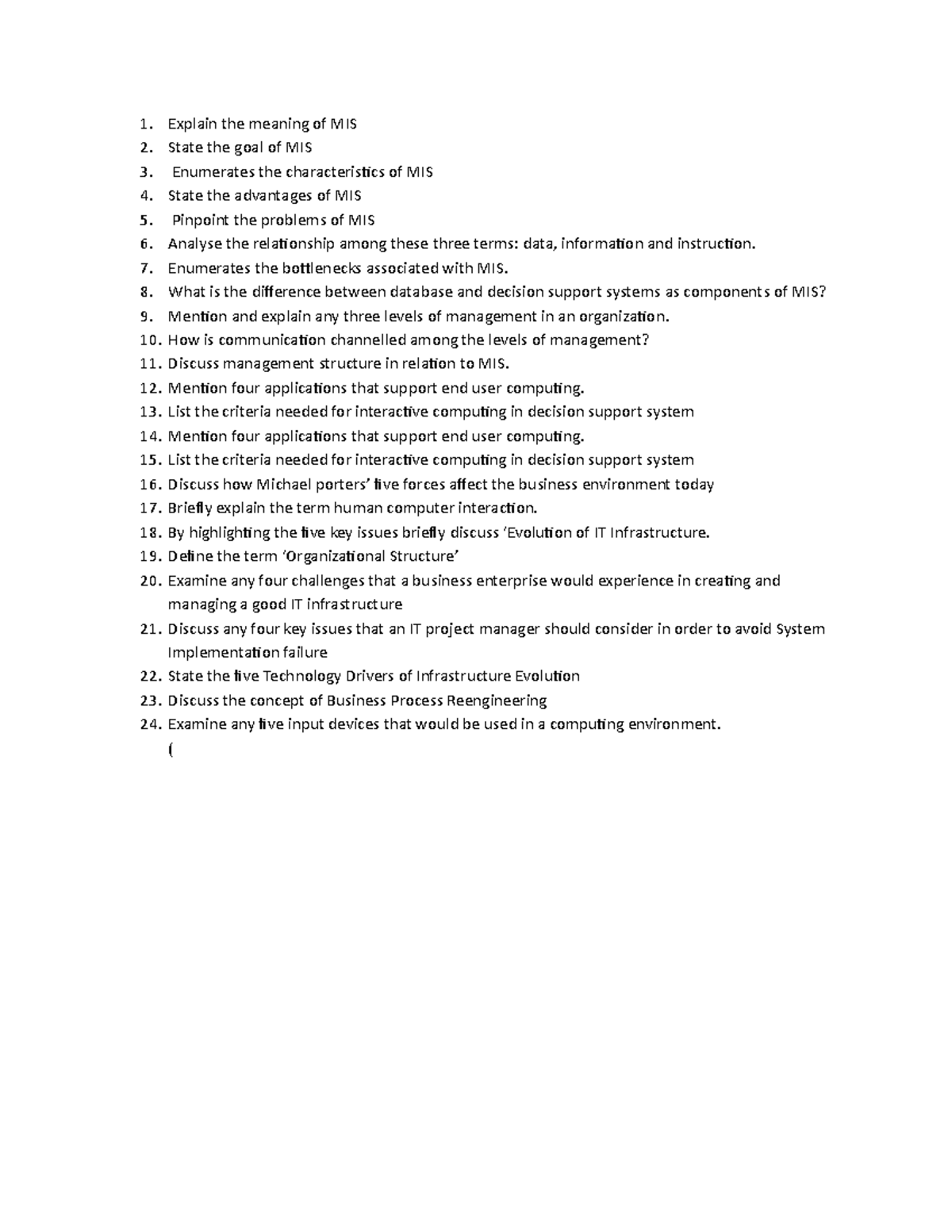 Mis cat - Onetime - Explain the meaning of MIS State the goal of MIS ...