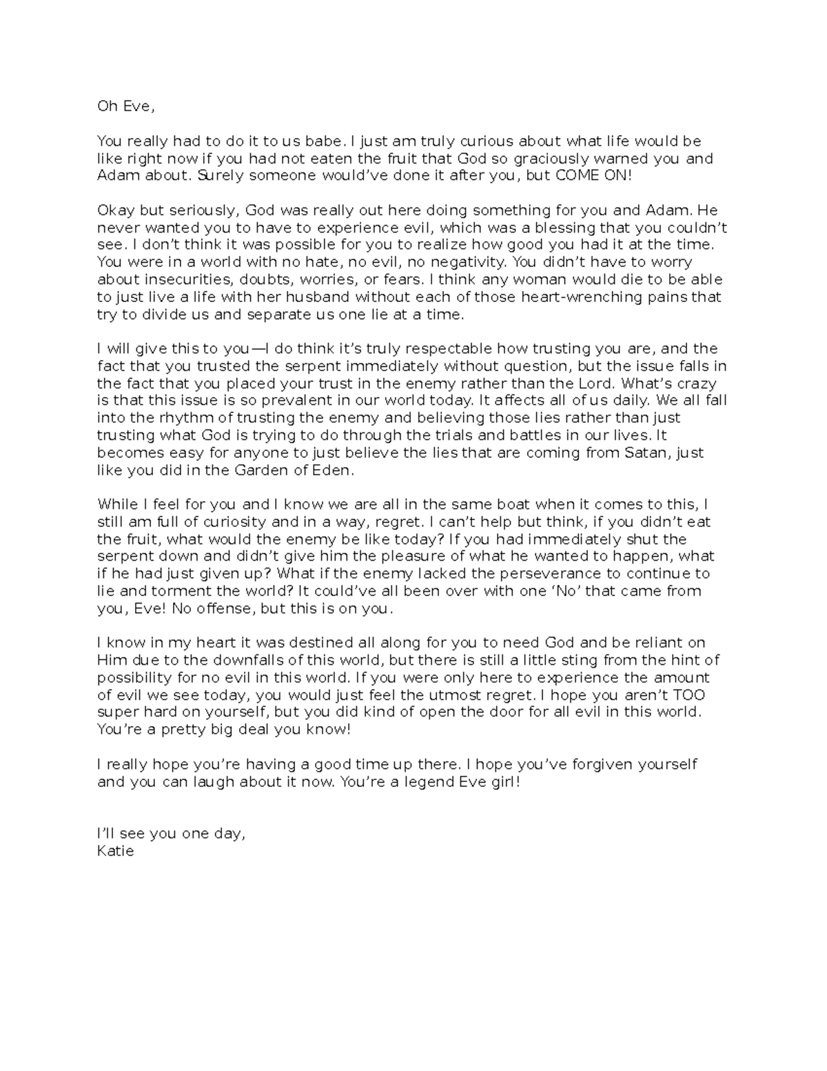 Letter to Biblical Character 1-Genesis 2-3 - Oh Eve, You really had to ...