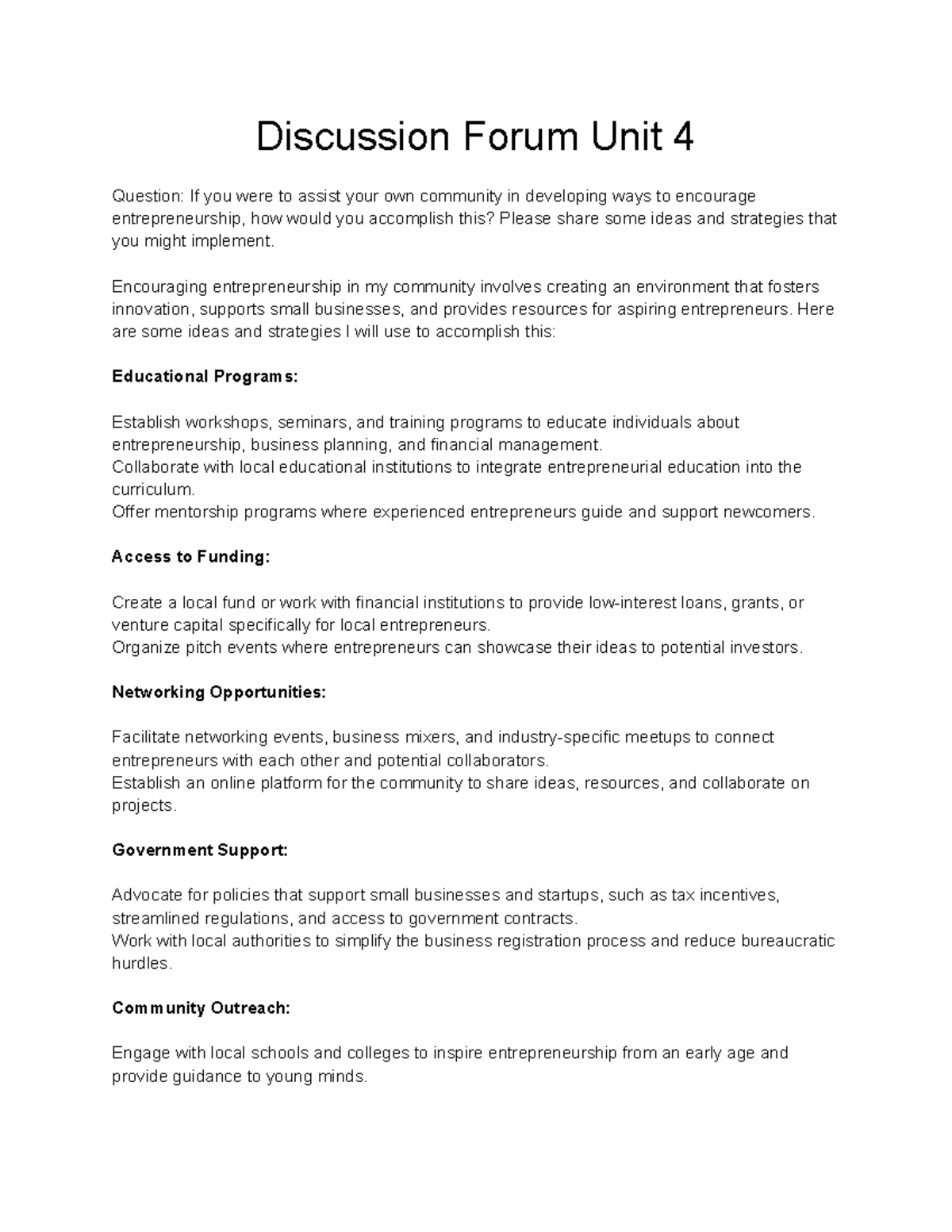 Discussion Forum Unit 4 - Encouraging entrepreneurship in my community ...