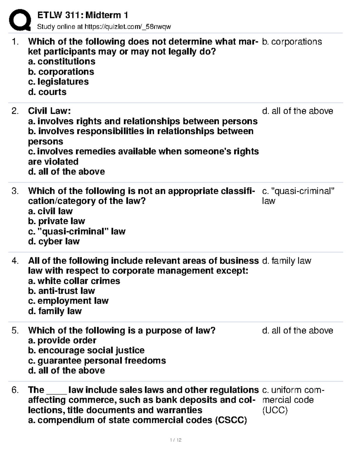 ETLW 311 midterm 1 - bank of all study guide questions - Study online at quizlet/_58nwqw Which ...