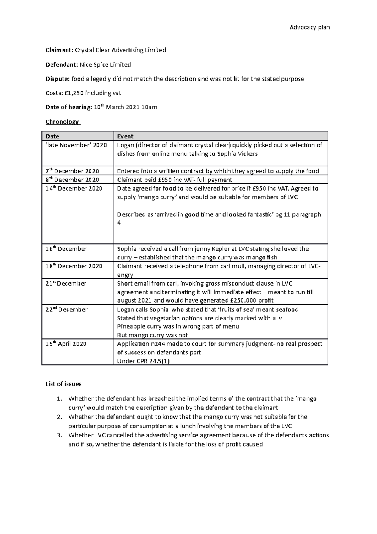 Real advocacy plan - Claimant: Crystal Clear Advertising Limited ...