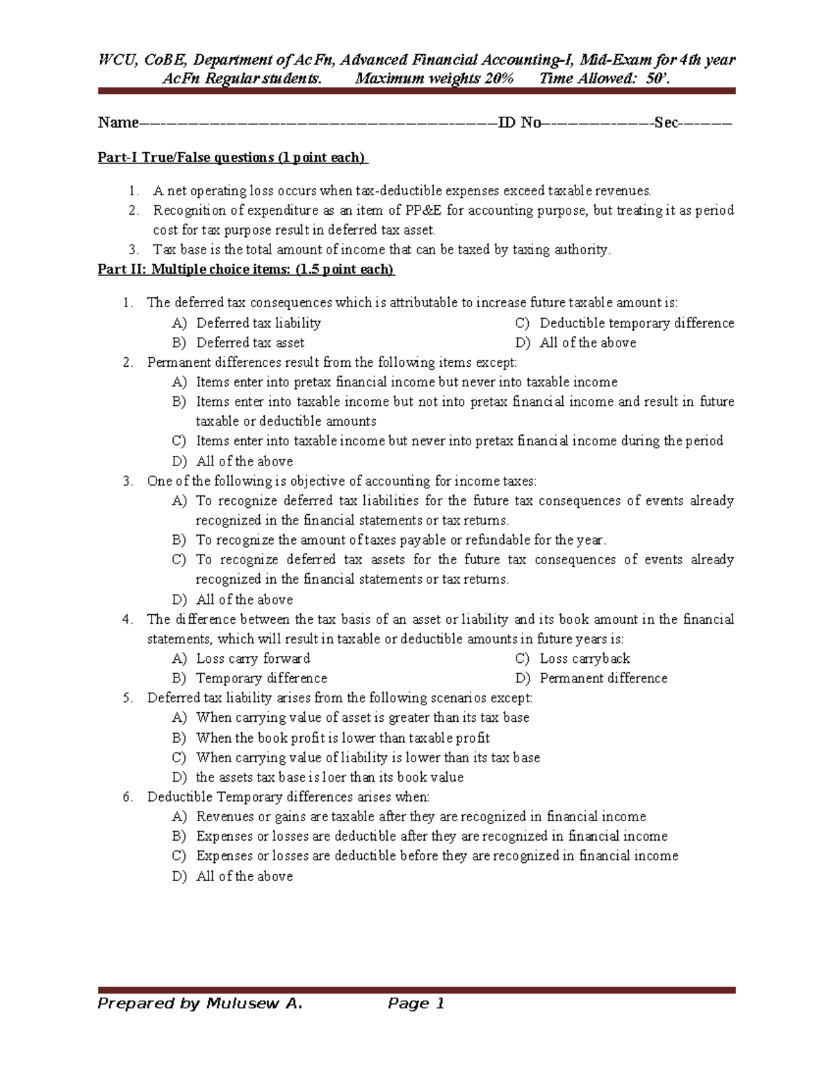 Advance mid-exam - Easy way - WCU, CoBE, Department of AcFn, Advanced ...