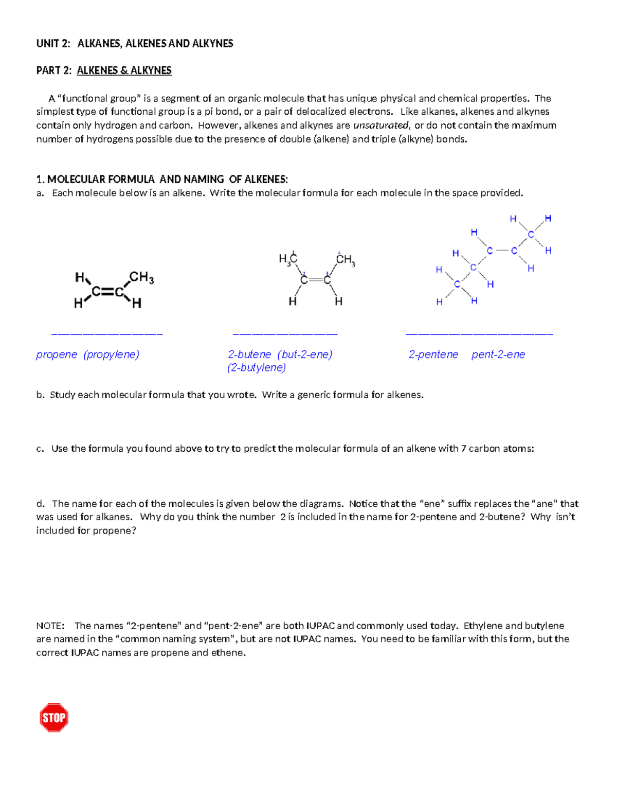 Self guided alkenes and alkynes with homework key - UNIT 2: ALKANES ...
