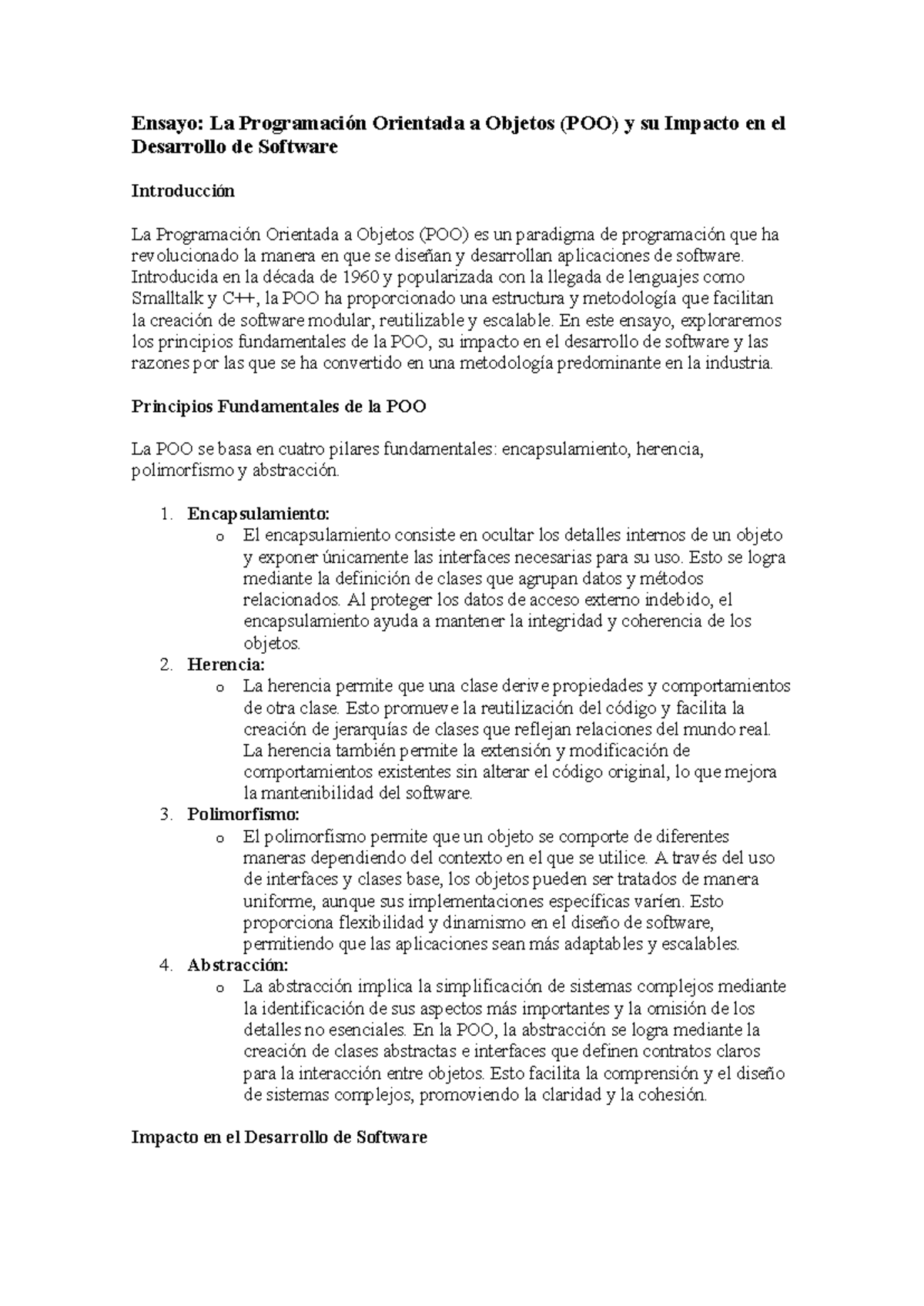 Ensayo- POO - UTP - Ensayo: La Programación Orientada a Objetos (POO) y su Impacto en el ...