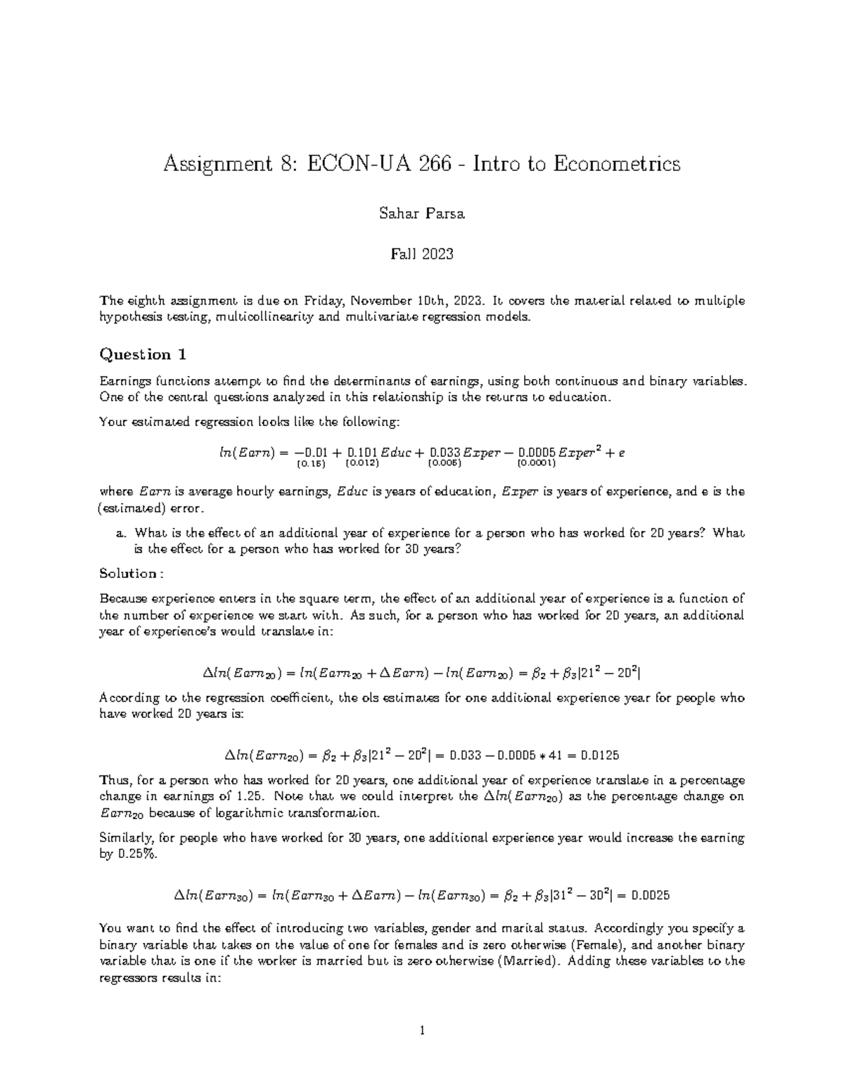Assignment 8Solution - smol bolls - Assignment 8: ECON-UA 266 - Intro to Econometrics Sahar ...