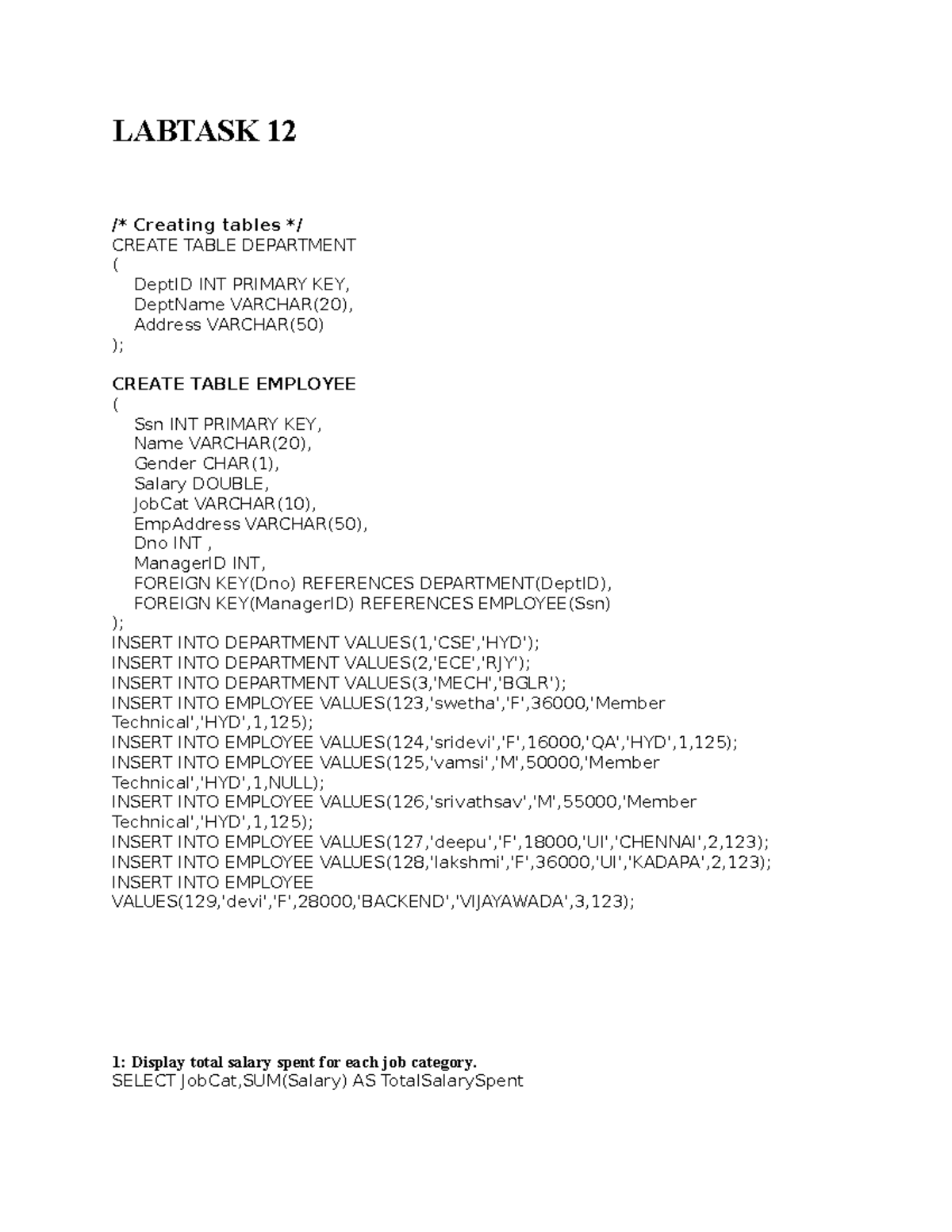 Dblab-12 - LABTASKS - LABTASK 12 / Creating tables / CREATE TABLE ... Dblab-12 - LABTASKS - LABTASK 12 / Creating tables / CREATE TABLE ...