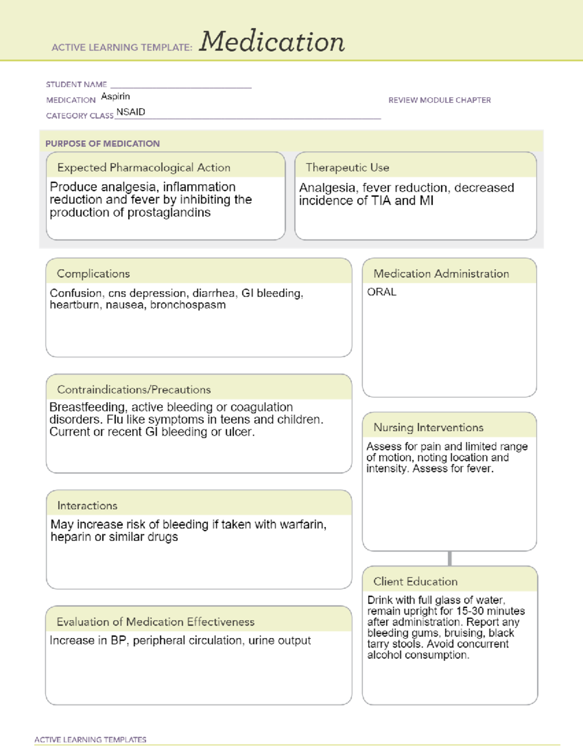 ASA Pharmacology Worksheet - NURSE 154 - OC - Studocu