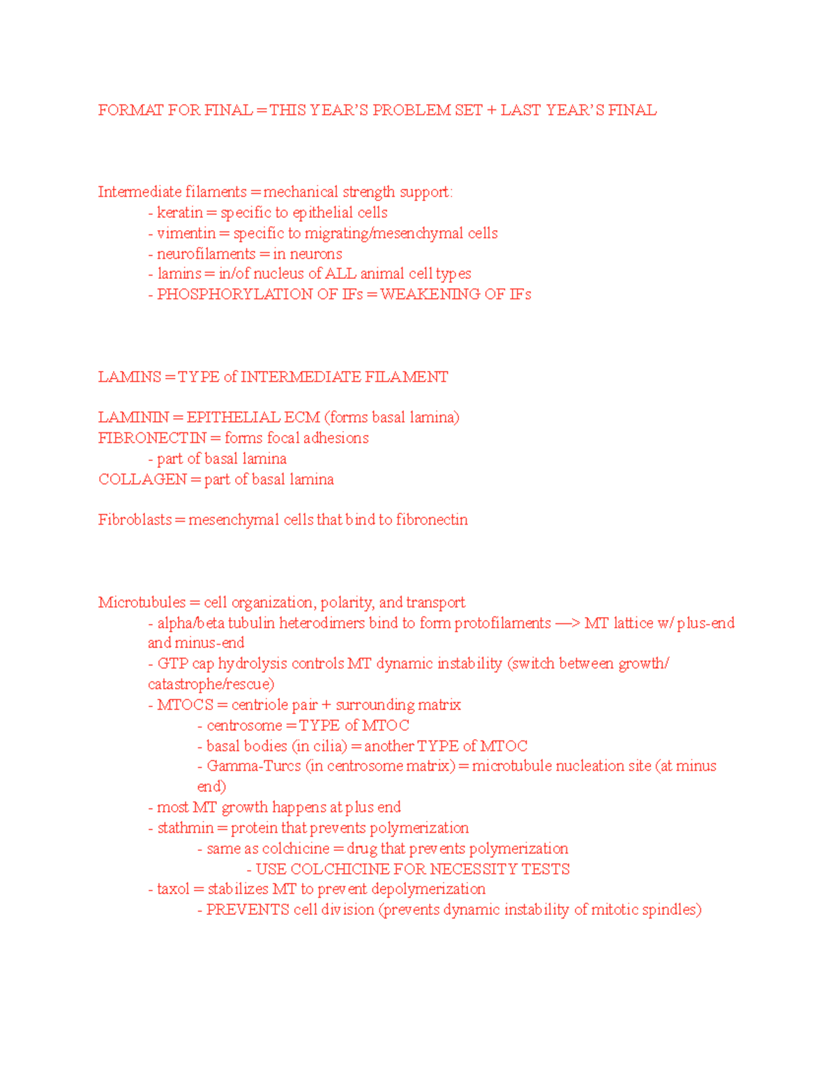 Cell Bio Final Exam Review Notes - FORMAT FOR FINAL = THIS YEAR’S ...