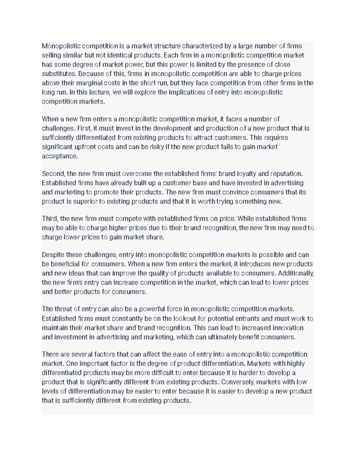 ECON1010 important lecture notes 11 - Monopolistic competition is a ...