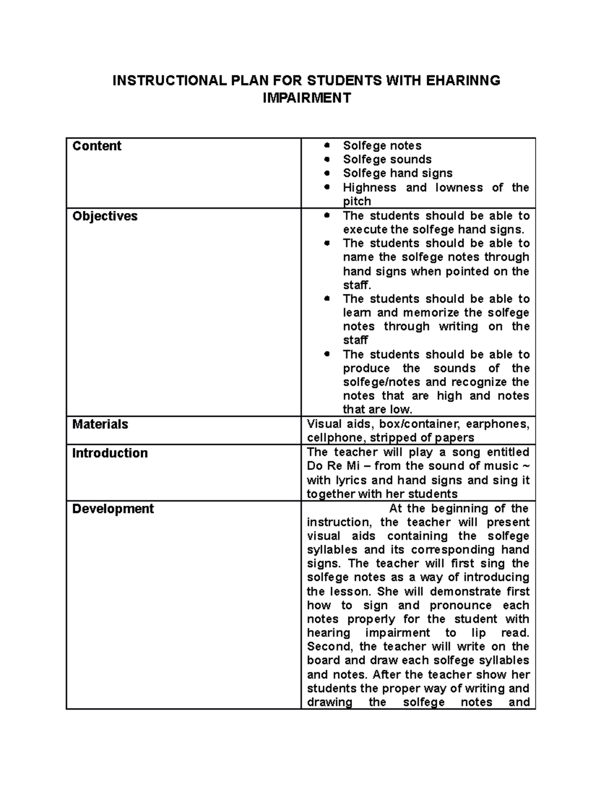 Instructional Plan For Learners With Hearing Impairment INSTRUCTIONAL