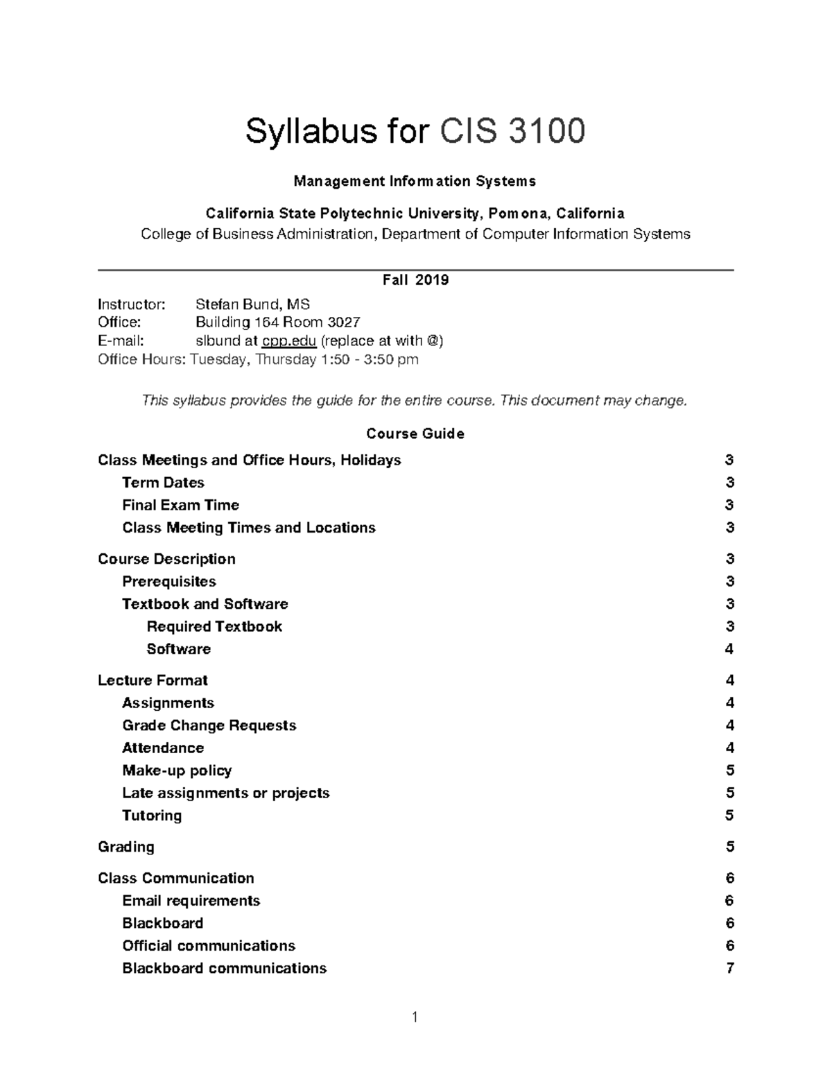 Syllabus for CIS 3100 Fall 2019 - Syllabus for CIS 3100 Management Information Systems ...