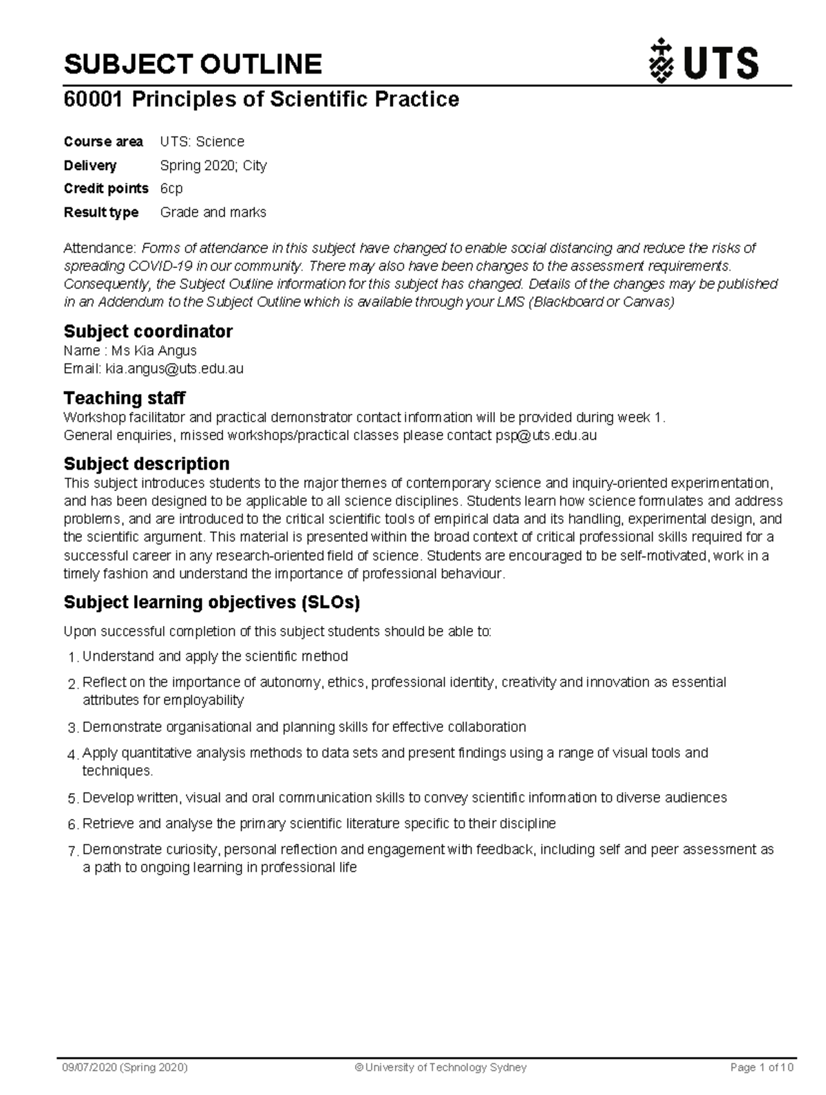 PSP subject outline - SUBJECT OUTLINE 60001 Principles of Scientific ...