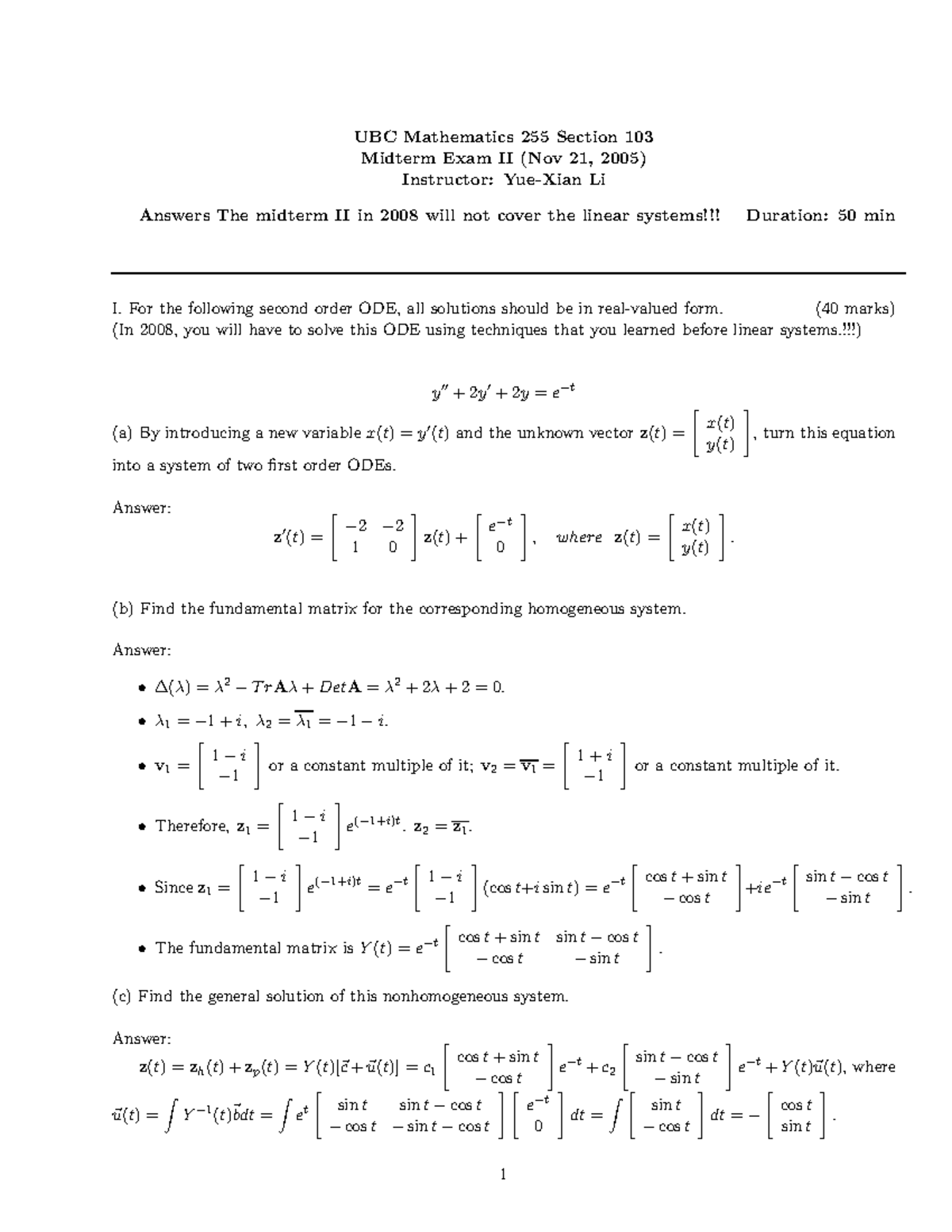 Exam November 2005, Questions and answers - Mid-term 2 - UBC ...