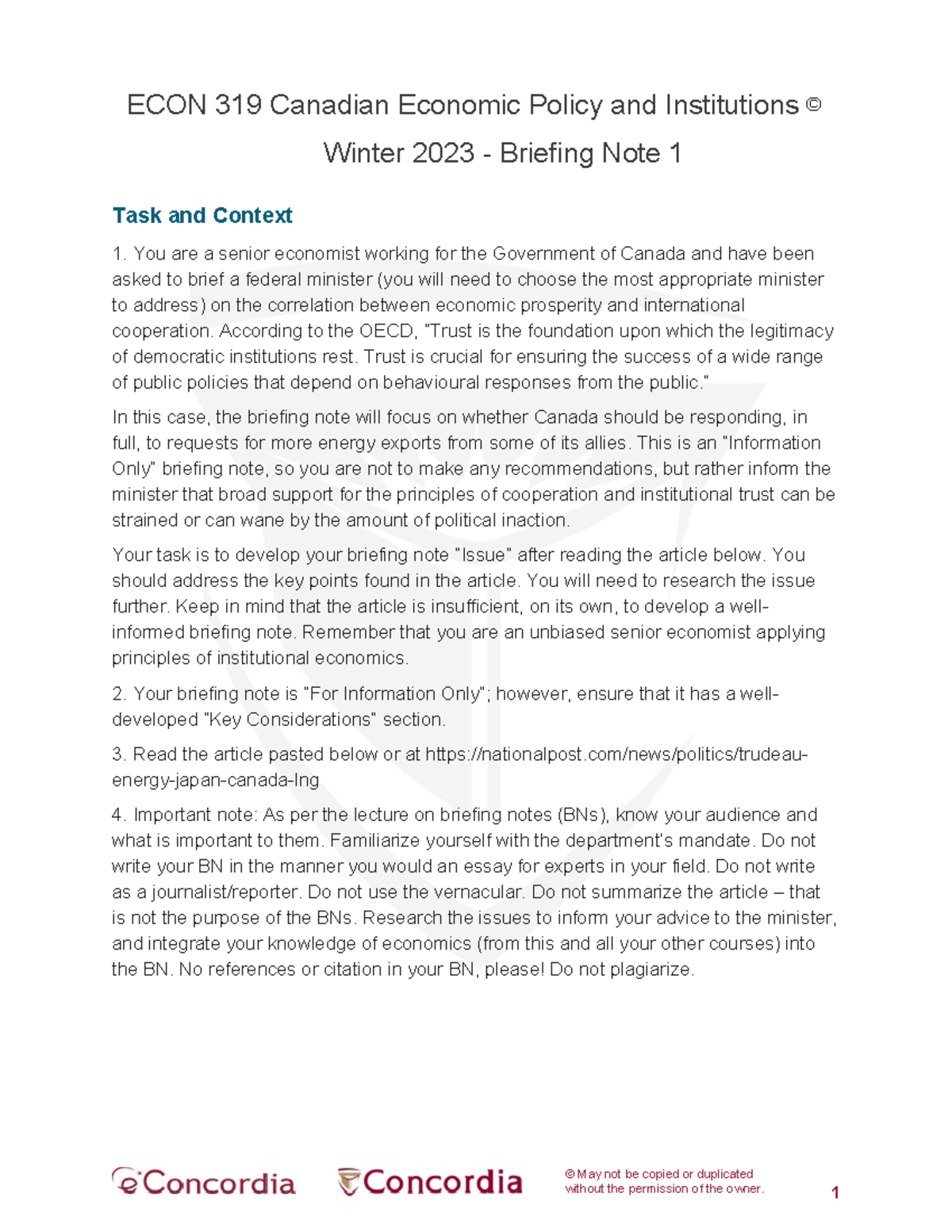 Briefing Note 1 Instructions - © May not be copied or duplicated without the permission of the ...