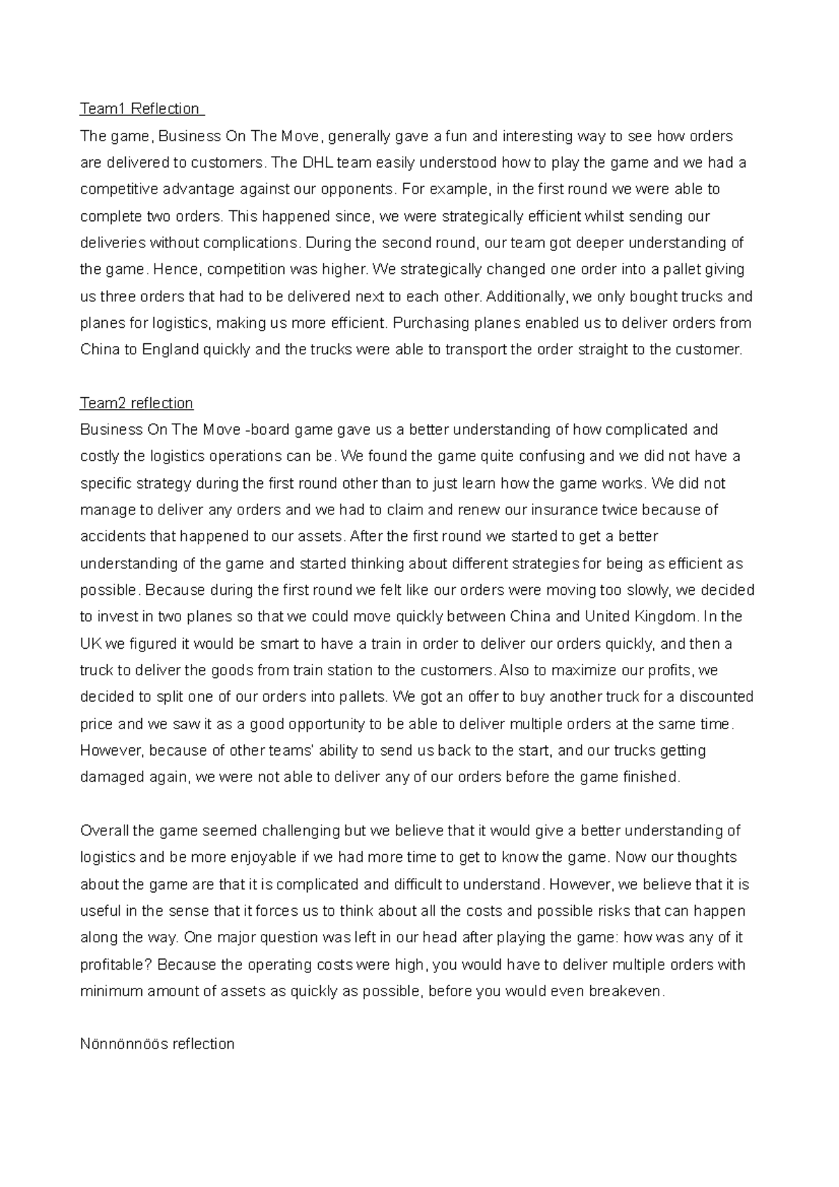 Reflection on game - Team1 Reflection The game, Business On The Move ...