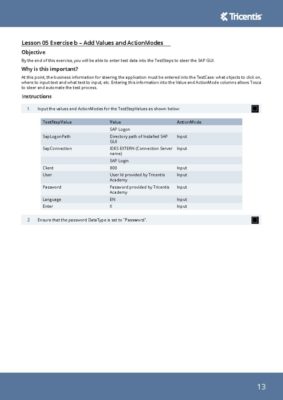Exercise 5b v1 - Tricentis Tosca - 13 Lesson 05 Exercise b – Add Values and ActionModes ...