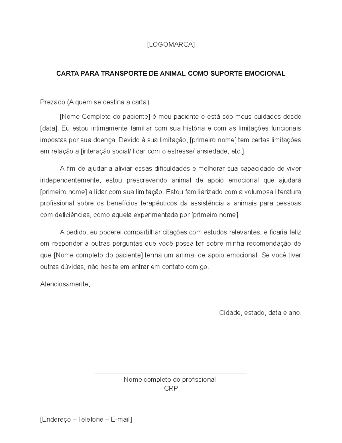 Carta PARA Transporte DE Animal COMO Suporte Emocional - [LOGOMARCA ...