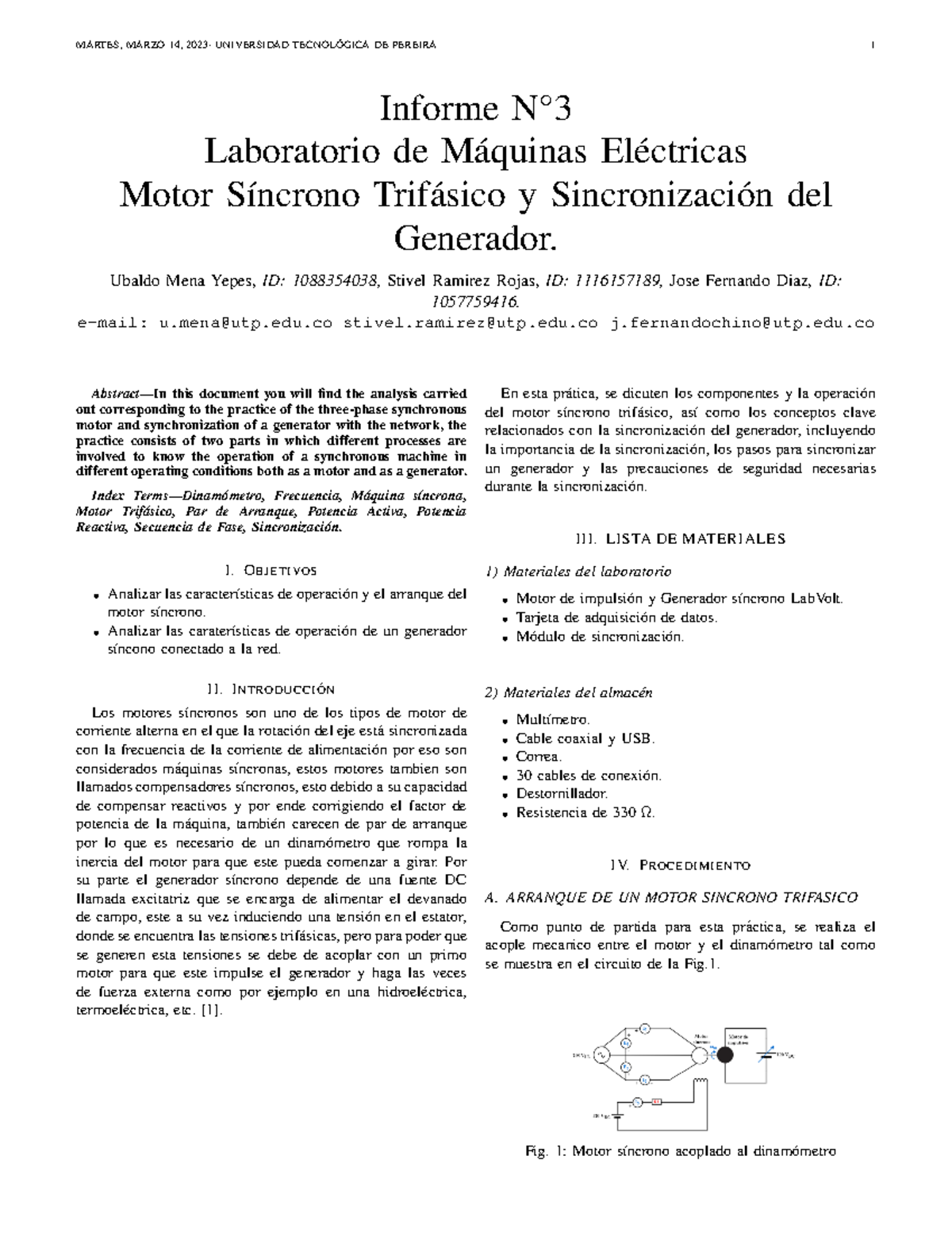 Report 3 Electric machines - Informe N° Laboratorio de M ́aquinas El ́ectricas Motor S ́ıncrono ...