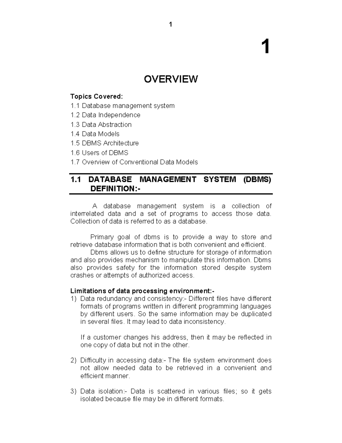 Dbms notes digital - 1 OVERVIEW Topics Covered: 1 Database management ...