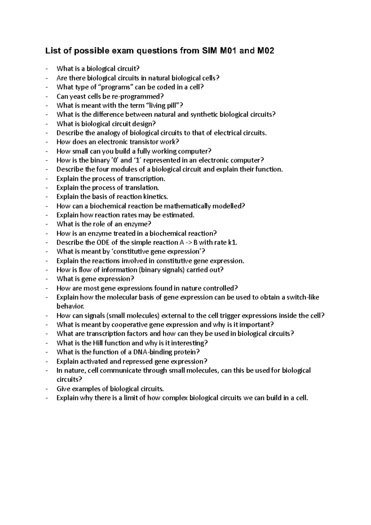 List of possible exam questions from SIM M01 and M02 - How does an ...
