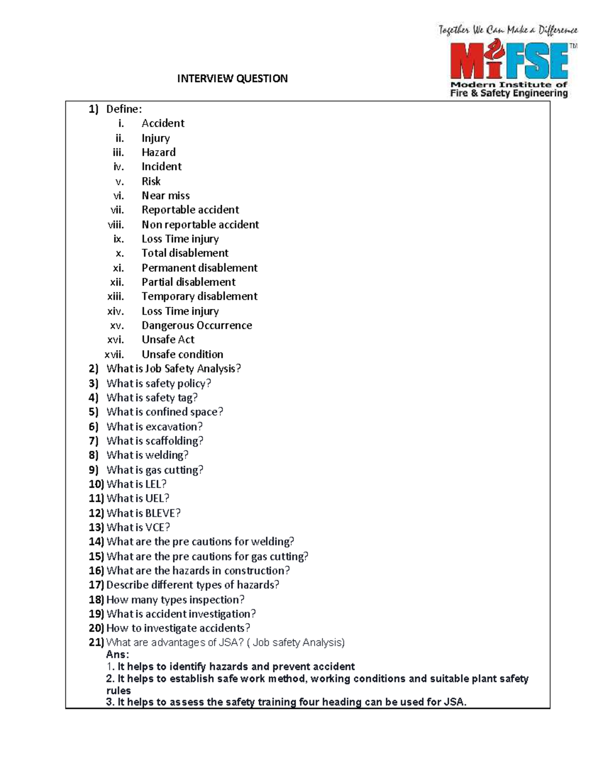 460 Interview Questions - INTERVIEW QUESTION Define: i. Accident ii ...