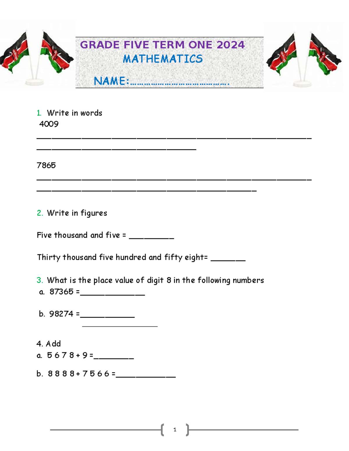 Grade 5 Mathematics - 1. Write in words 4009