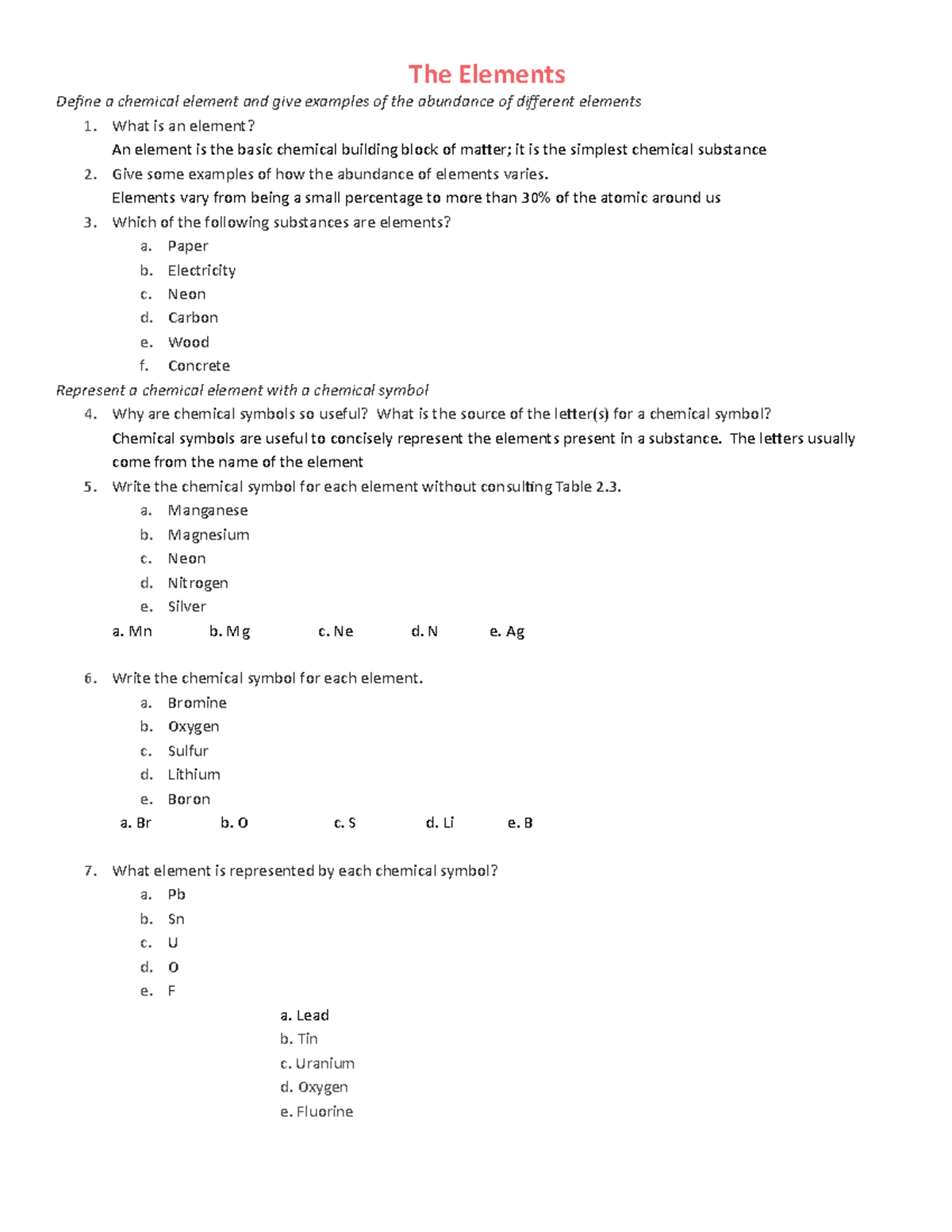 Section 2.1 Worksheet - class practice assignment - The Elements Define ...