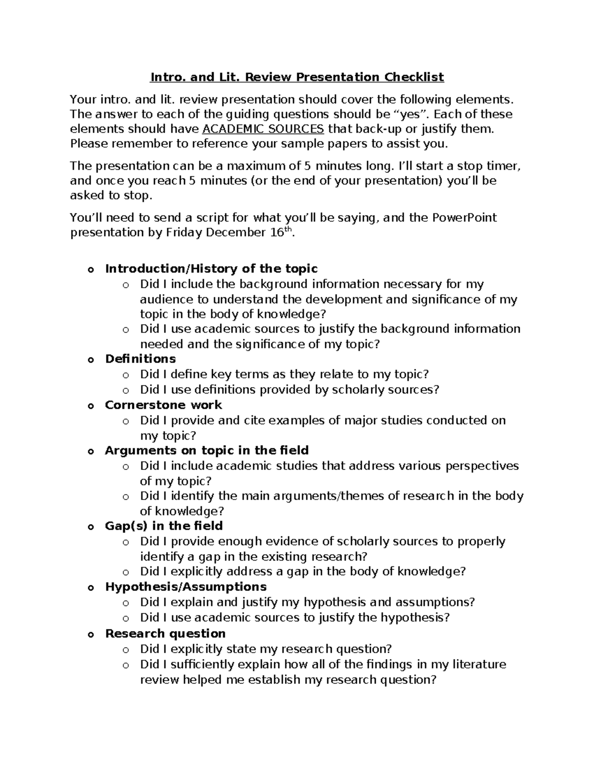 Intro and Lit Review Presentation Checklist - Intro. and Lit. Review ...