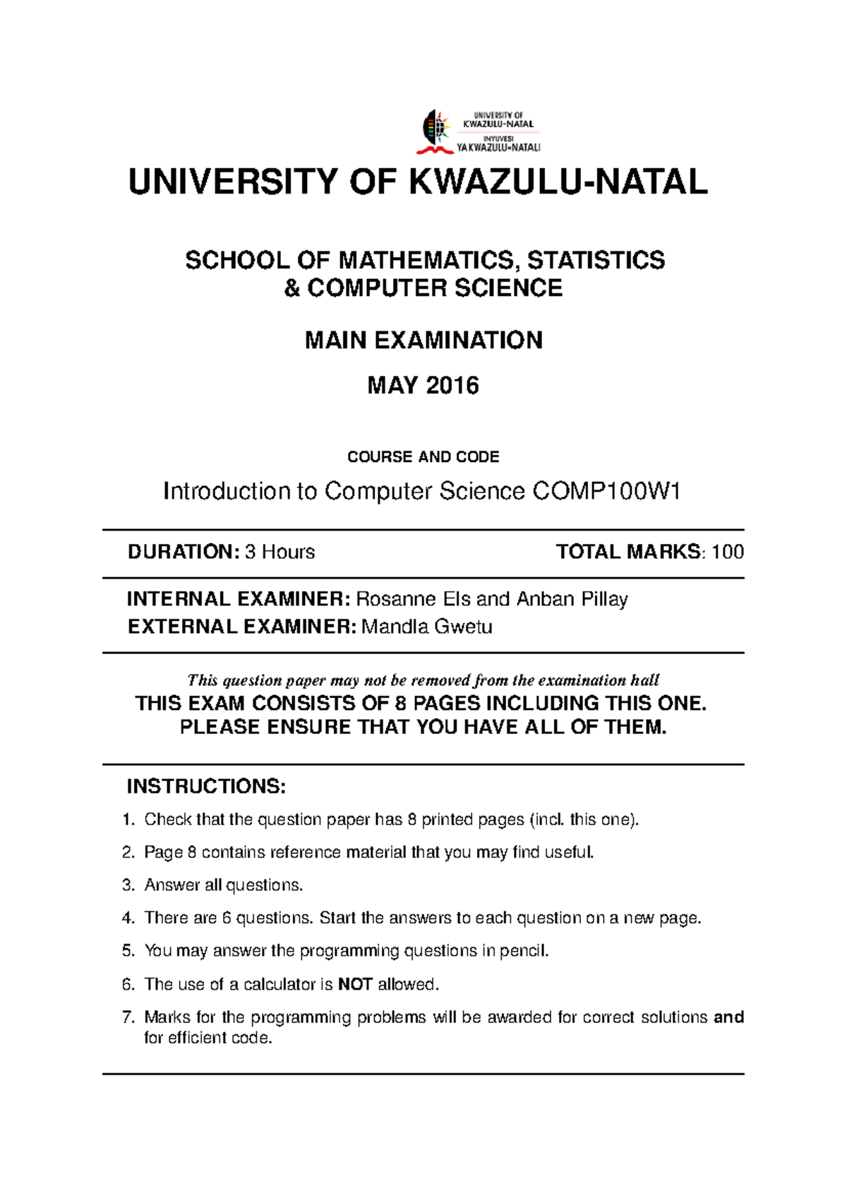 Exam2016 - past paper - UNIVERSITY OF KWAZULU-NATAL SCHOOL OF ...