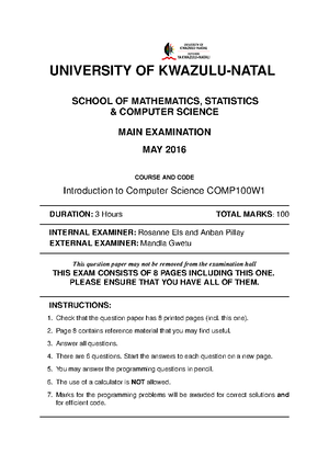 COMP100 - UKZN - Introduction to Computer Science - Studocu