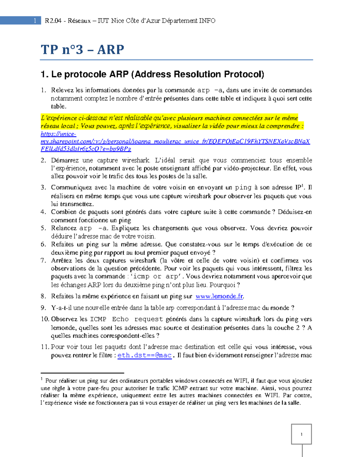 TP3 ARP R204 2023 - TP n°3 – ARP 1. Le protocole ARP (Address ...