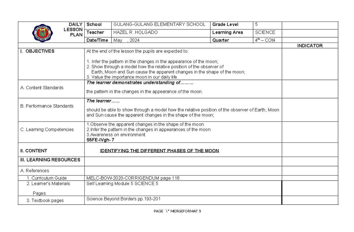 Cot 4 - 2024 - class observation tool - DAILY LESSON PLAN School GULANG ...