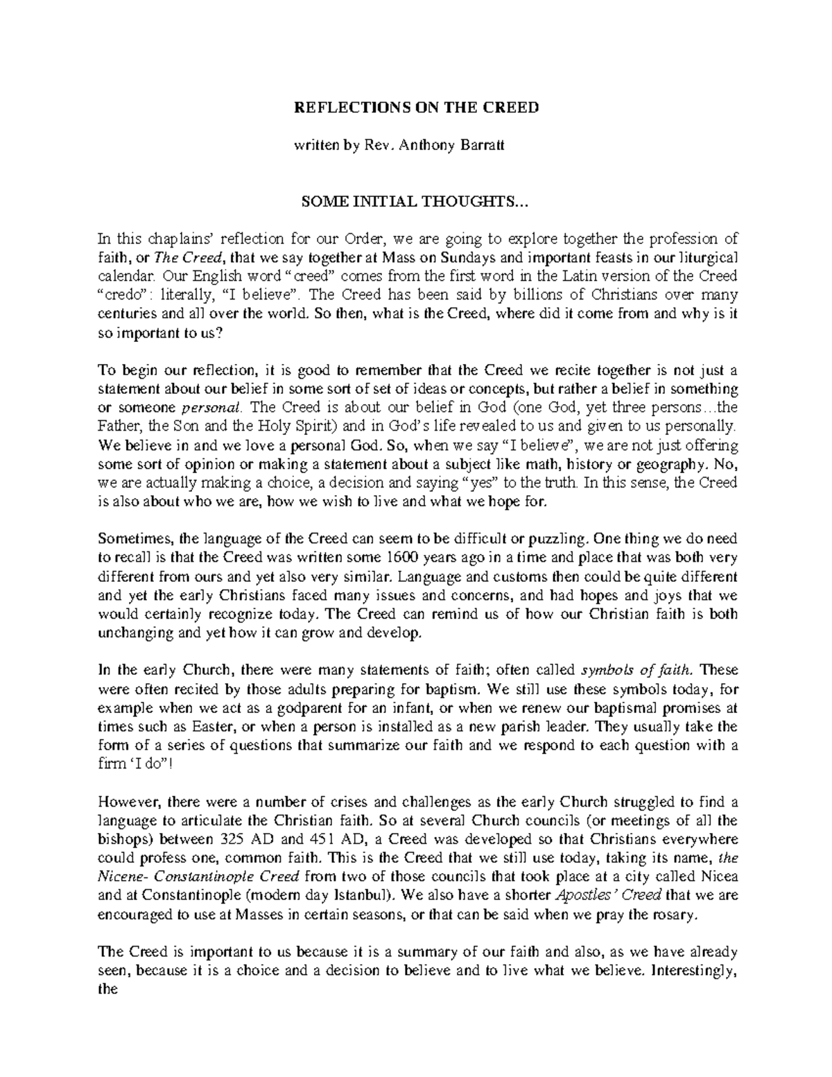 Reflections on the Creed 02 2017 - REFLECTIONS ON THE CREED written by Rev. Anthony Barratt SOME ...