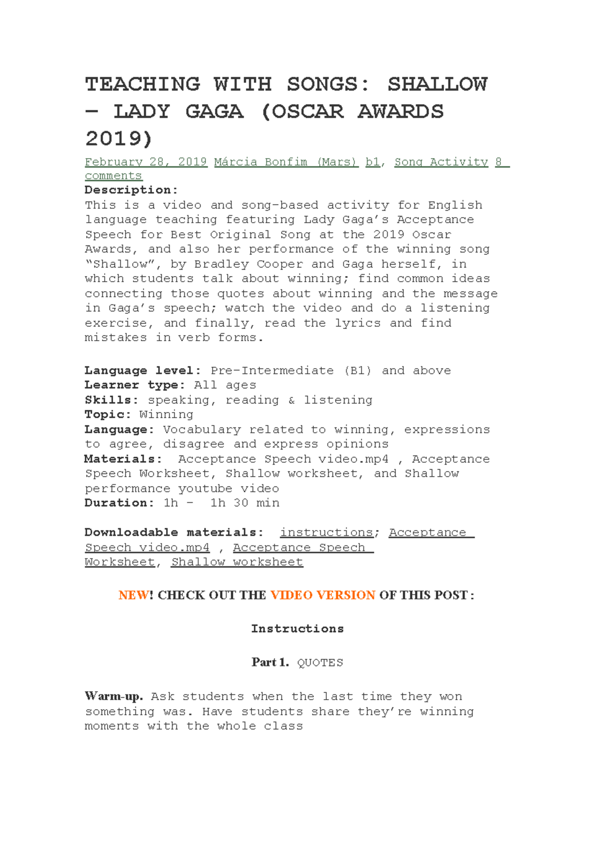 Lesson plan - TEACHING WITH SONGS: SHALLOW – LADY GAGA (OSCAR AWARDS ...