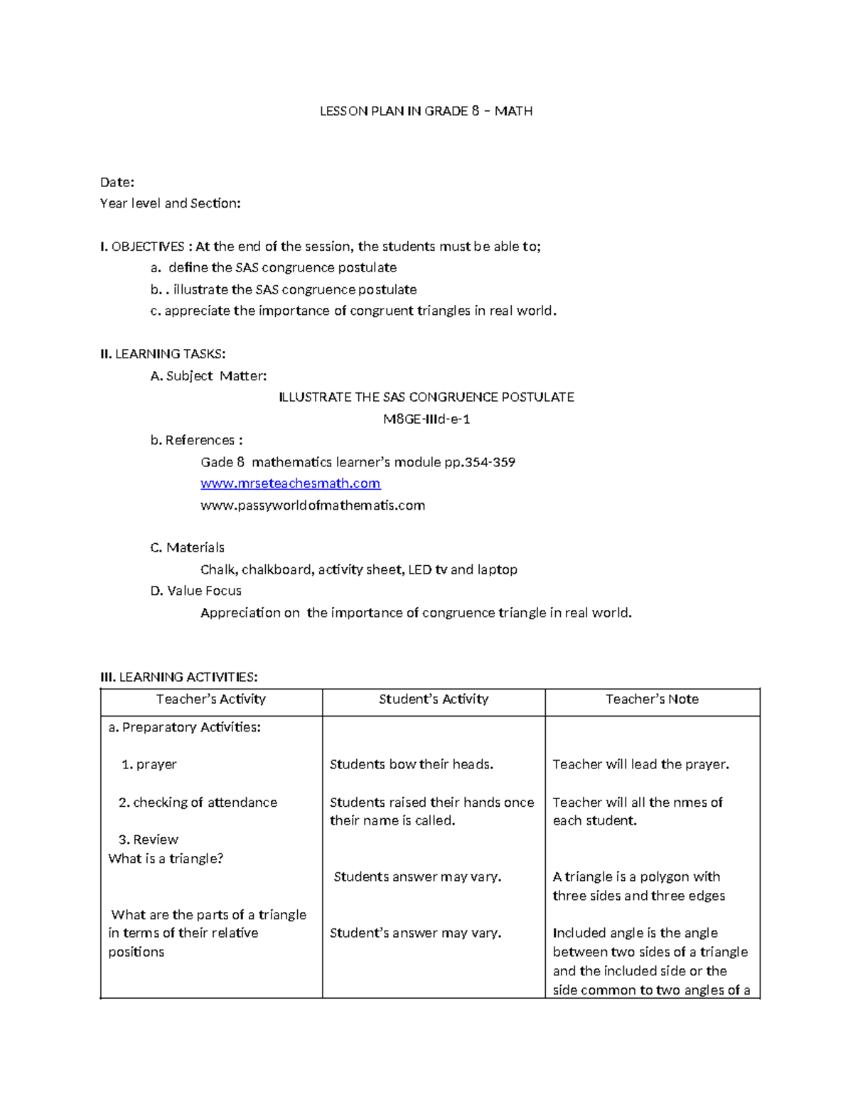 Lesson PLAN Laurezo - LESSON PLAN IN GRADE 8 – MATH Date: Year level ...