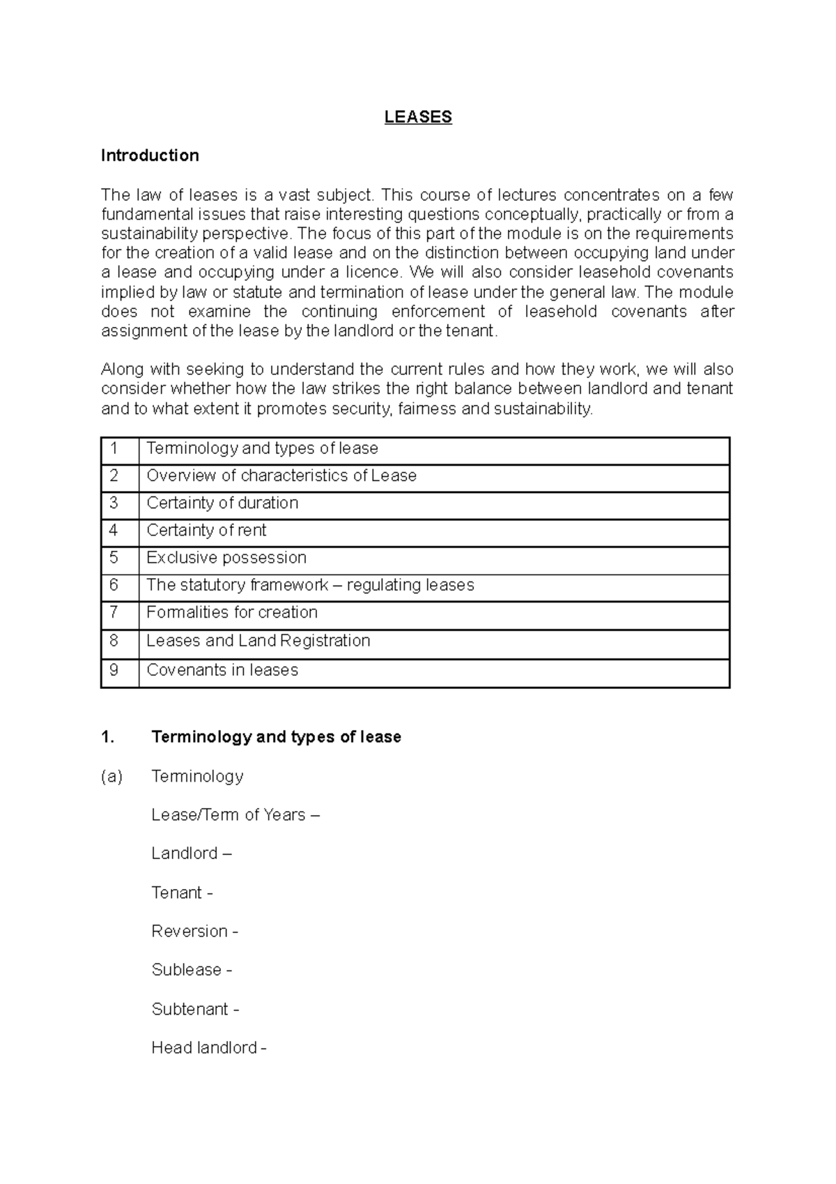 Land law slide + handbook notes - LEASES Introduction The law of leases ...