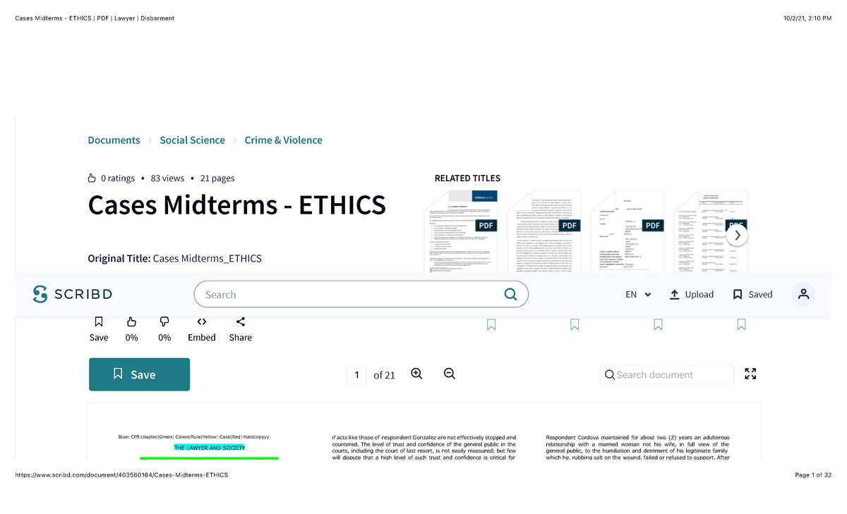 Cases Midterms - Ethics PDF Lawyer Disbarment - Documents Social Science Crime & Violence ! 0 ...