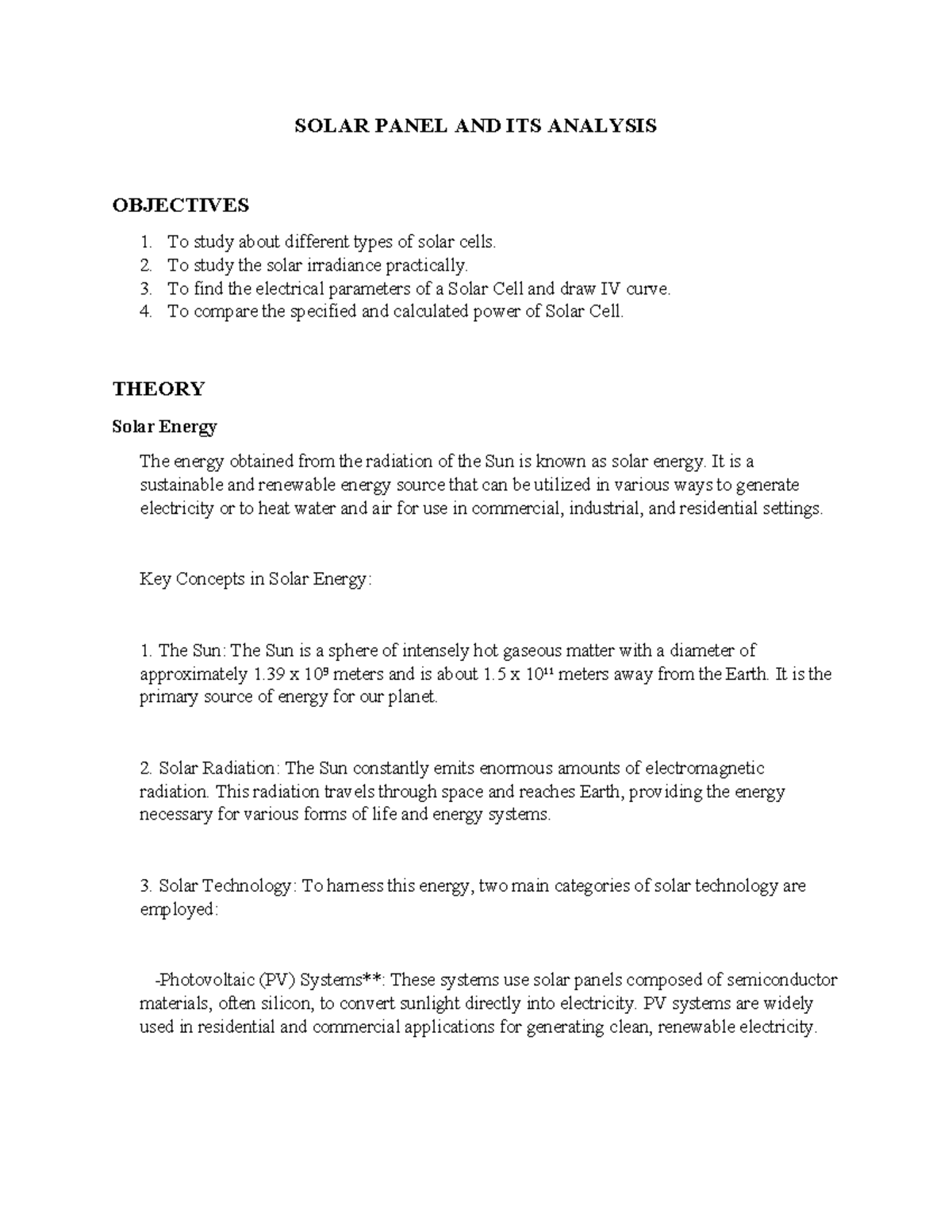 Solar Panel AND ITS Analysis - SOLAR PANEL AND ITS ANALYSIS OBJECTIVES ...