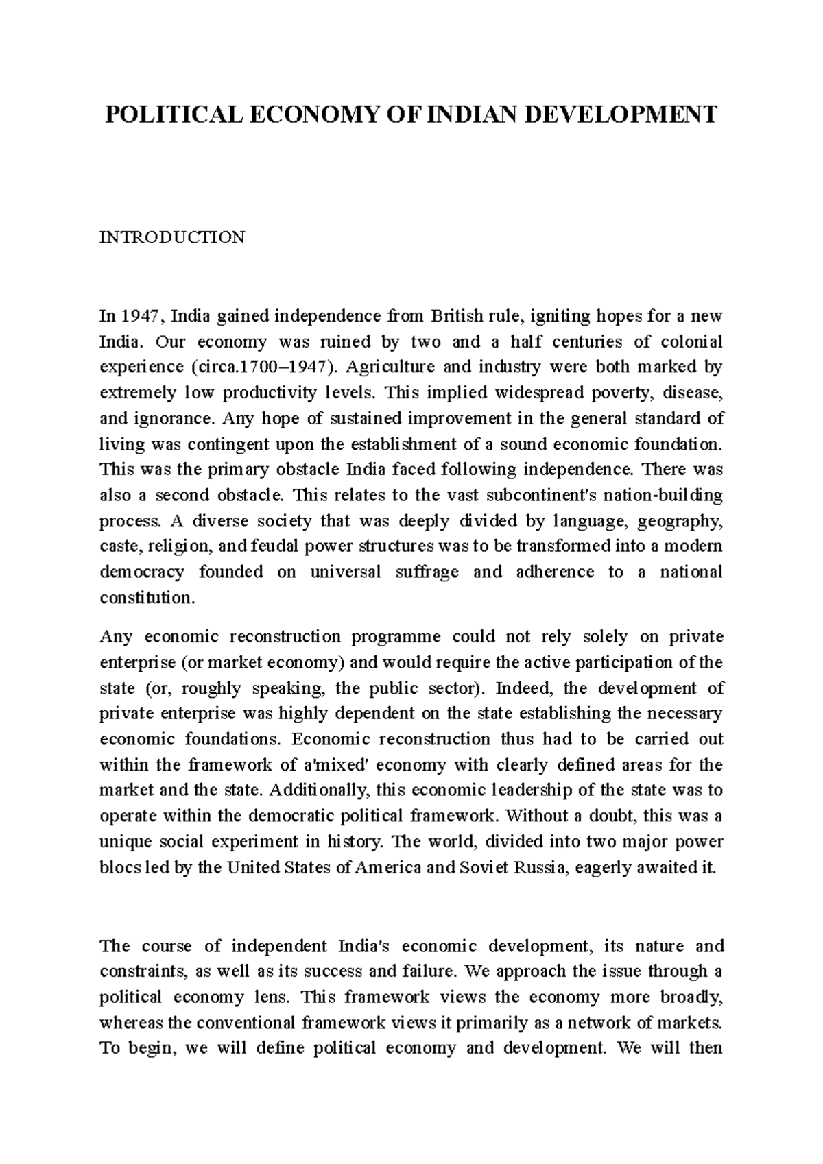 Political Economy OF Indian Development - POLITICAL ECONOMY OF INDIAN ...