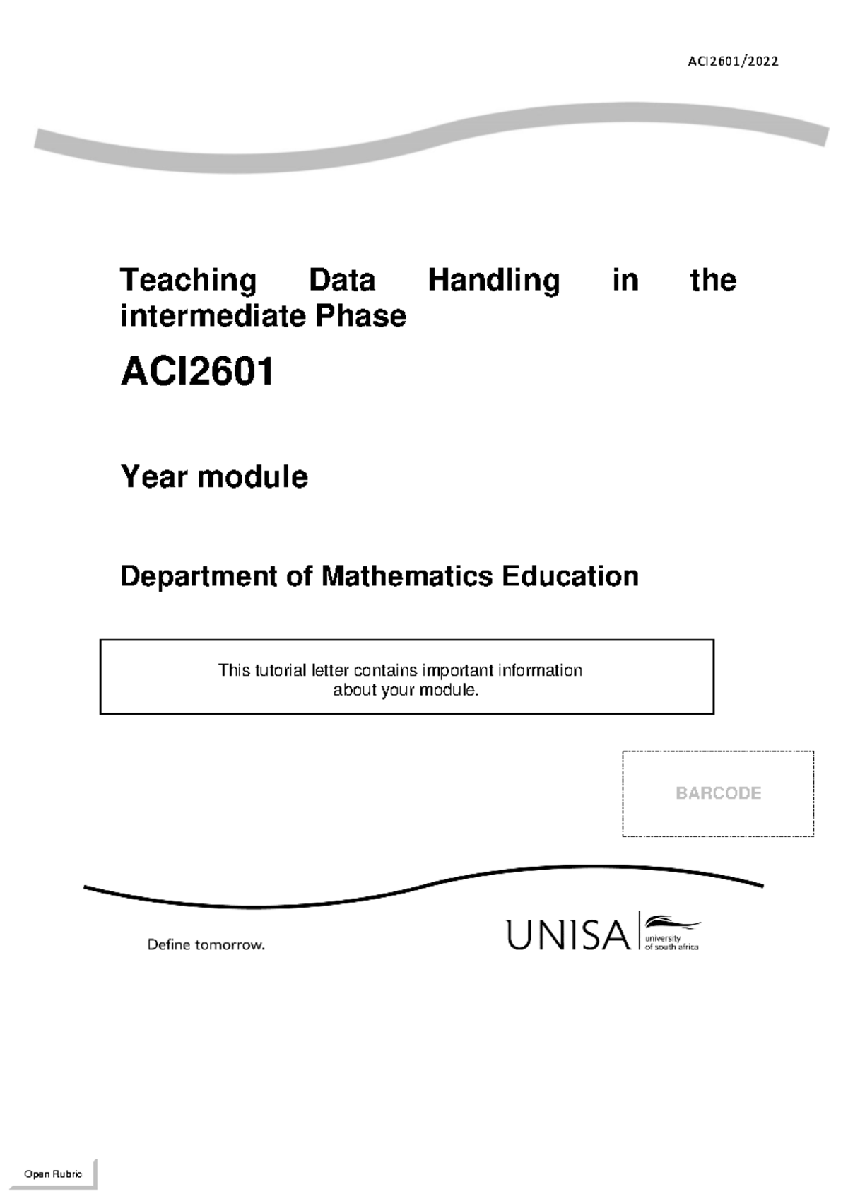 Study guide - Teaching Data Handling in the intermediate Phase ACI 2601 Year module Department ...