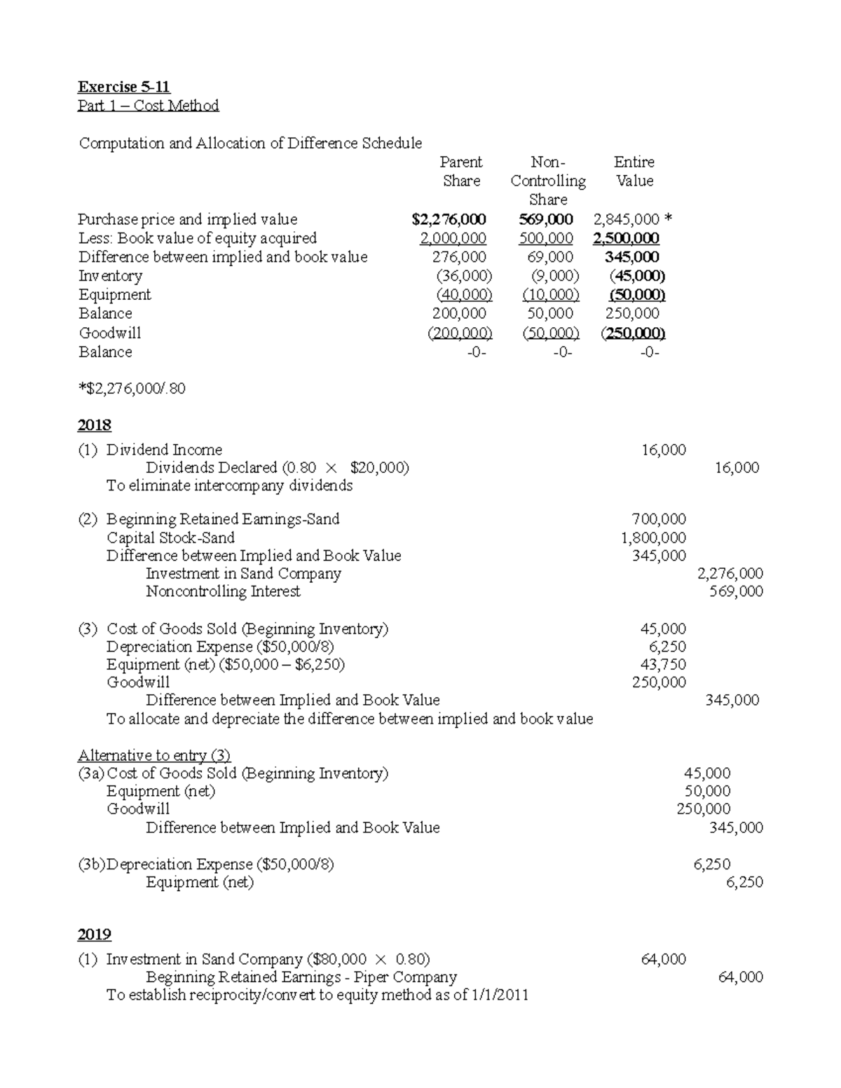 Exercise 5-11 - Exercise 5- Part 1 – Cost Method Computation and Allocation of Difference ...