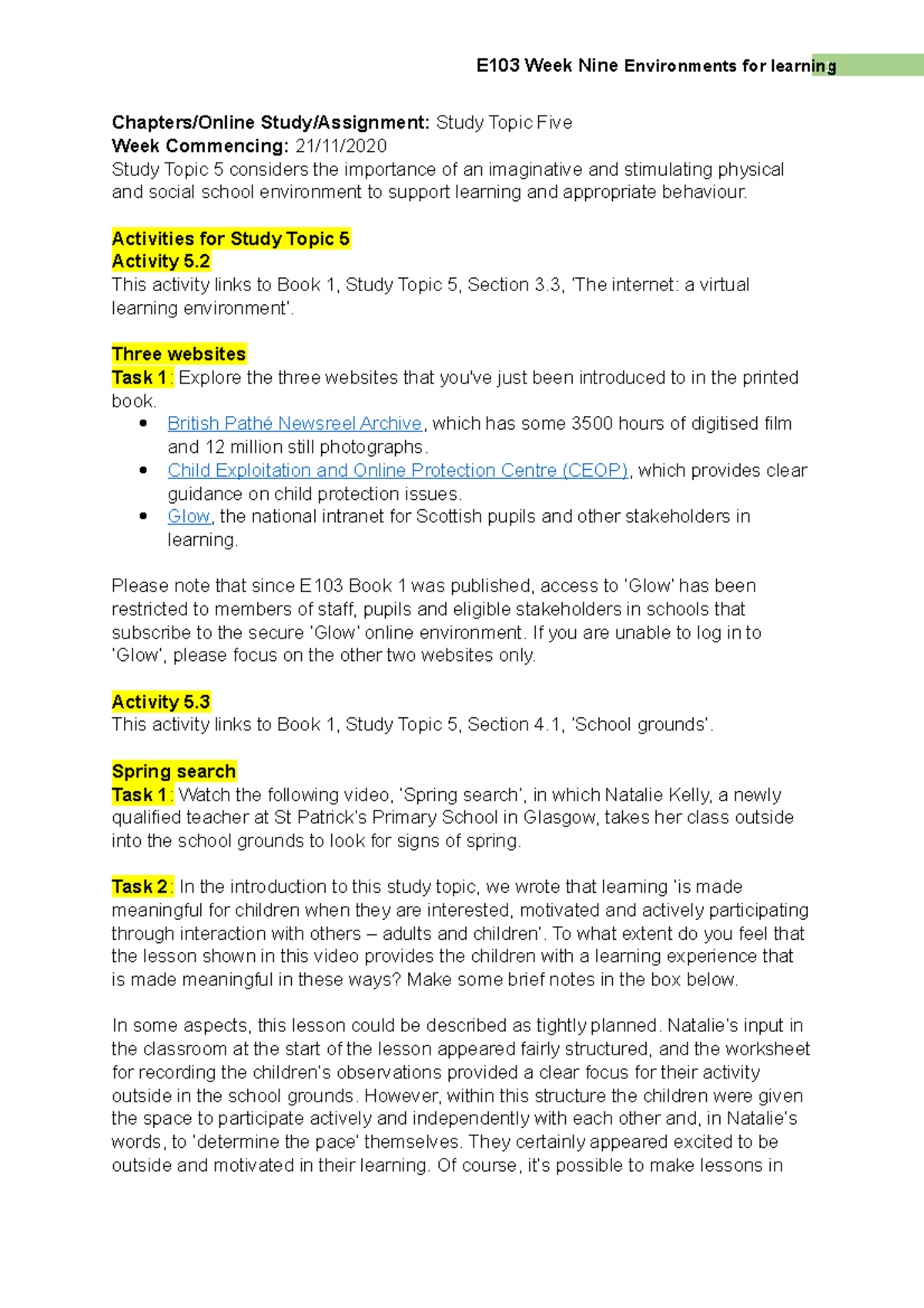 Study Topic 5 - Activities for Study Topic 5 Activity 5. This activity ...