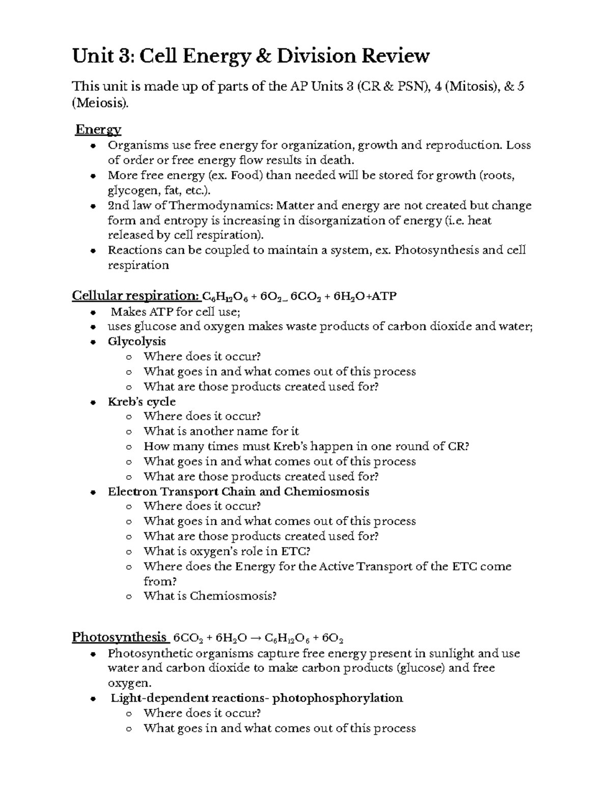 13. Unit 3 Cell Processes Review - Unit 3: Cell Energy & Division ...