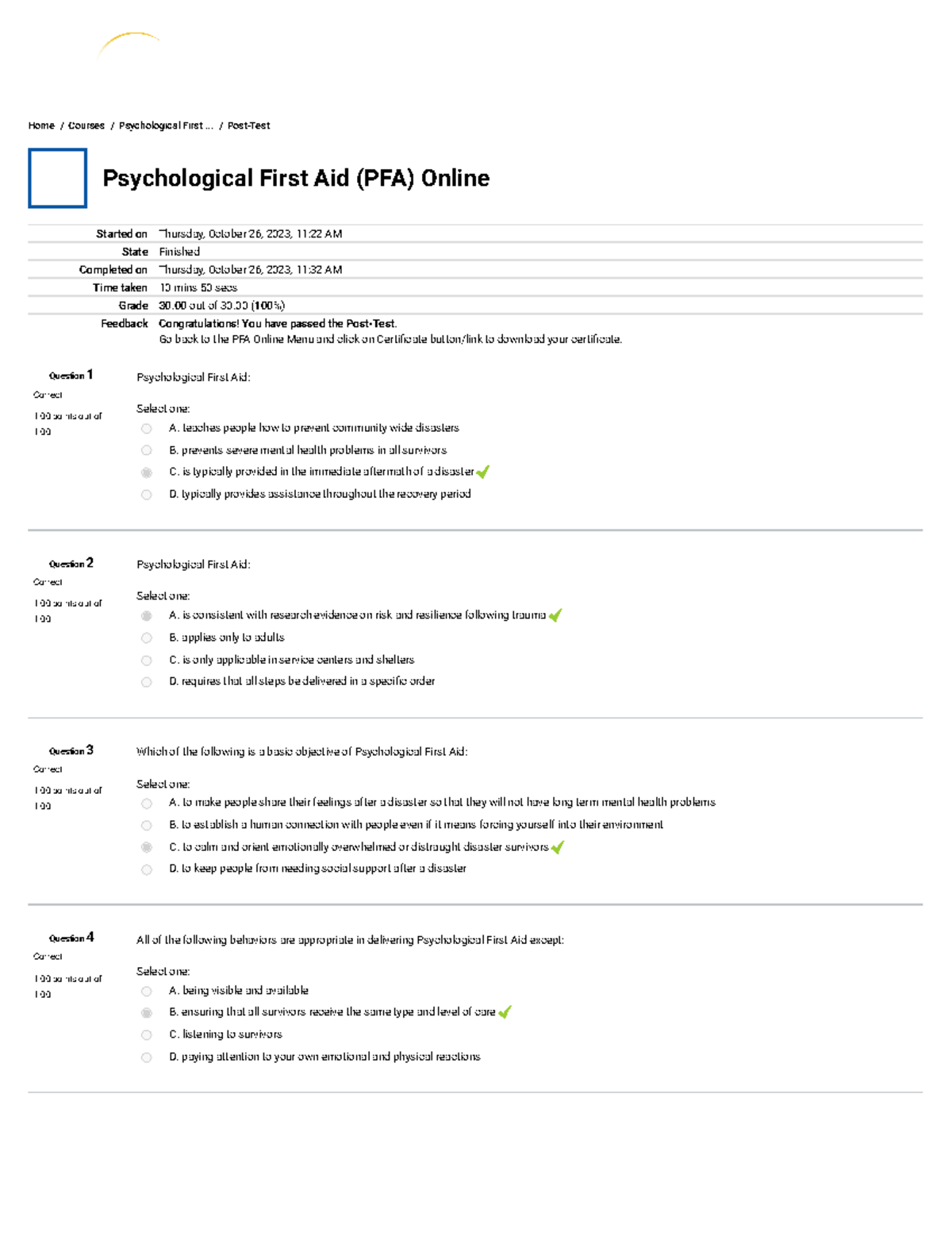 Post-Test PFA answers - Question 1 Correct 1 points out of 1. Question ...