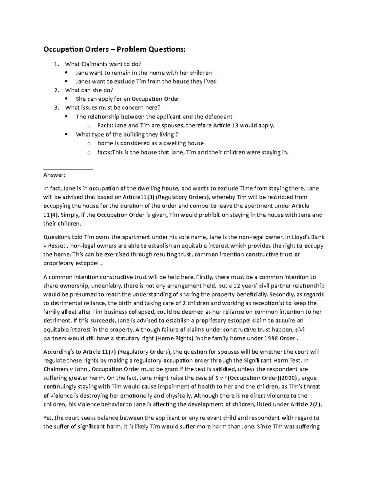 Family law - Occupation Orders - Occupation Orders – Problem Questions ...