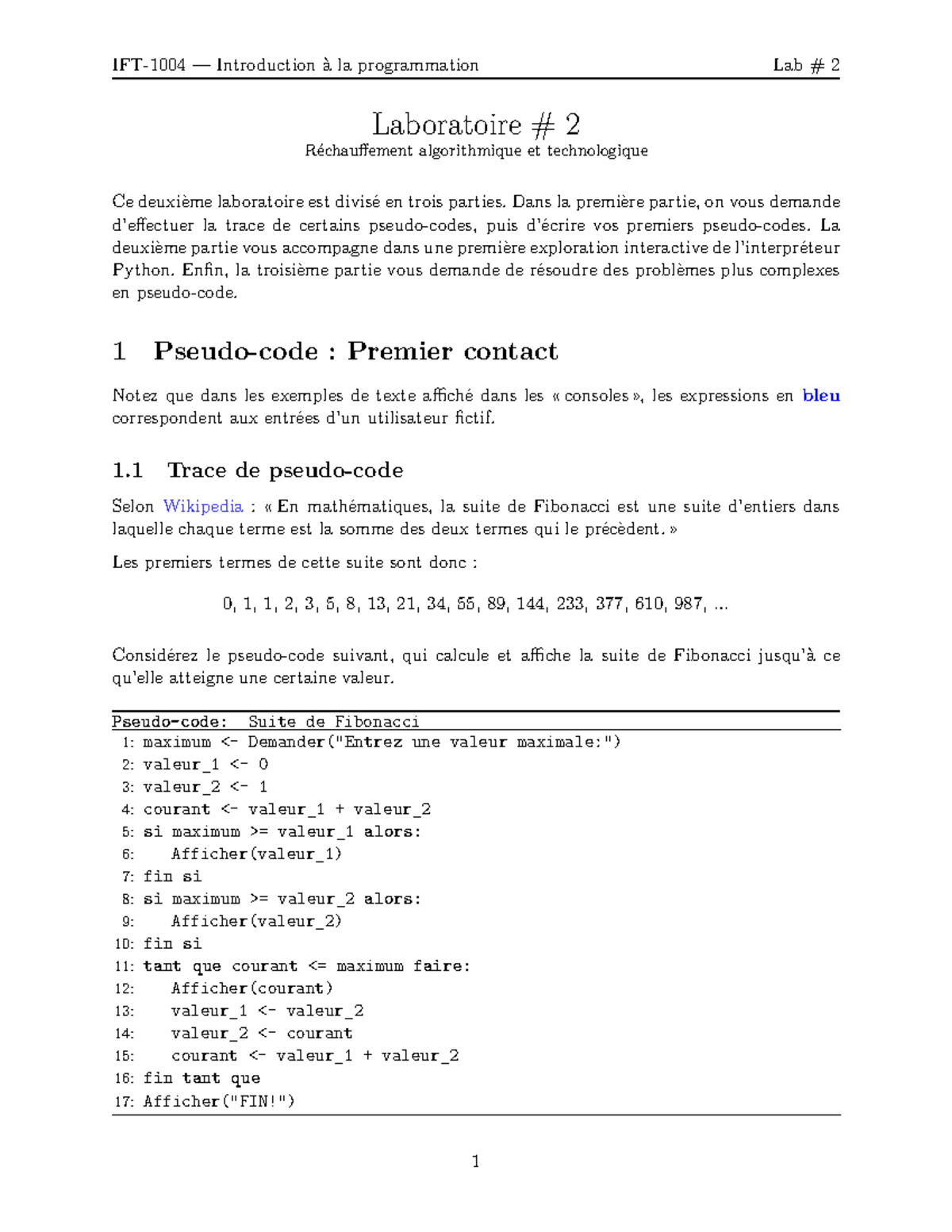 IFT-1004 TD02 1 - TP2 - Laboratoire # 2 Réchauffement algorithmique et ...