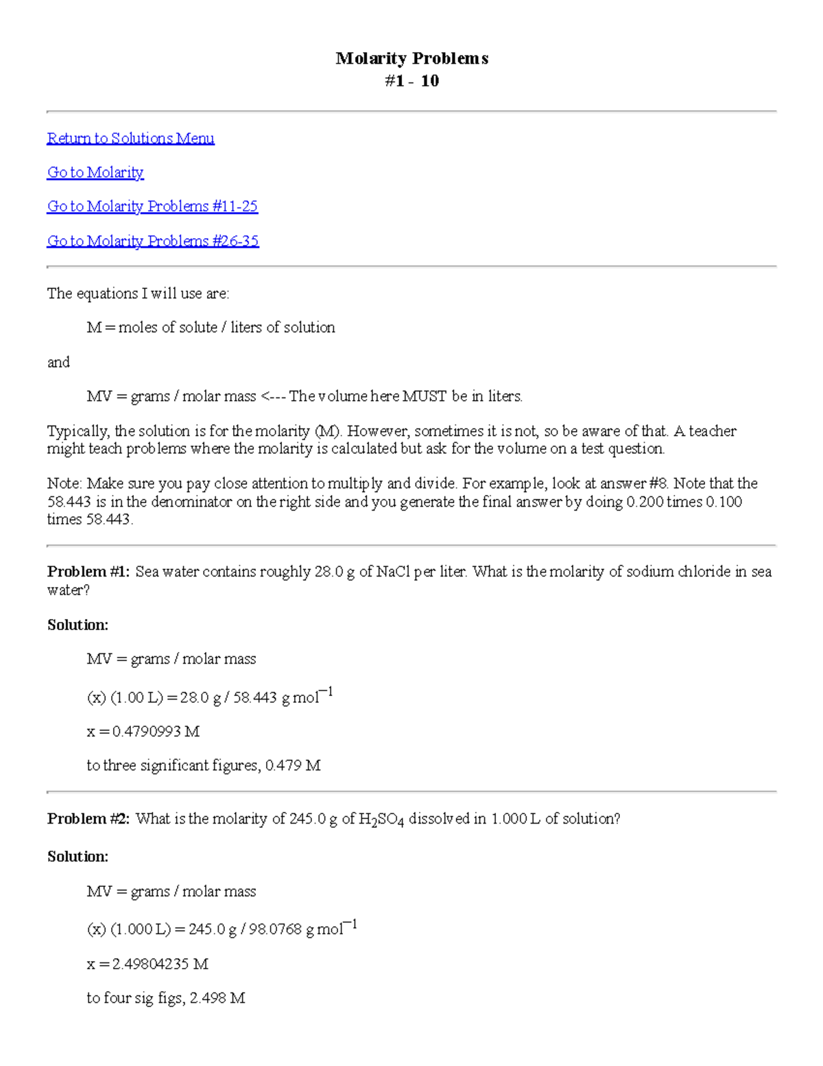 Chem Team Molarity Problems #1 - 10 - Molarity Problems #1 - 10 Return ...