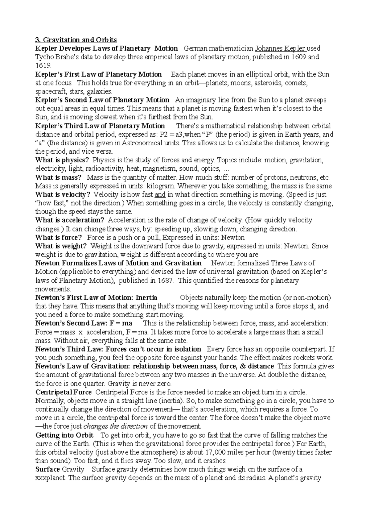 Gravitational and Orbit Notes - 3. Gravitation and Orbits Kepler ...