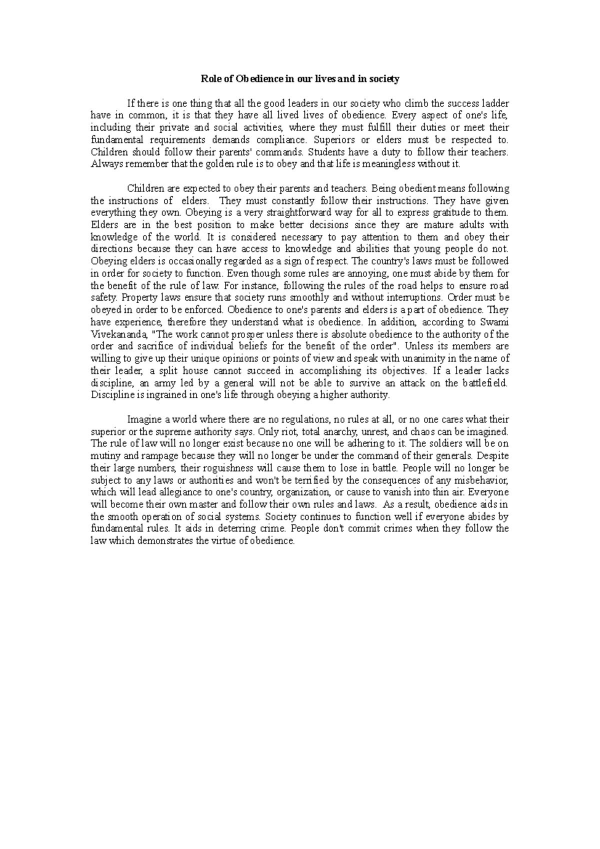 Concept Paper - Role of Obedience in our lives and in society If there ...