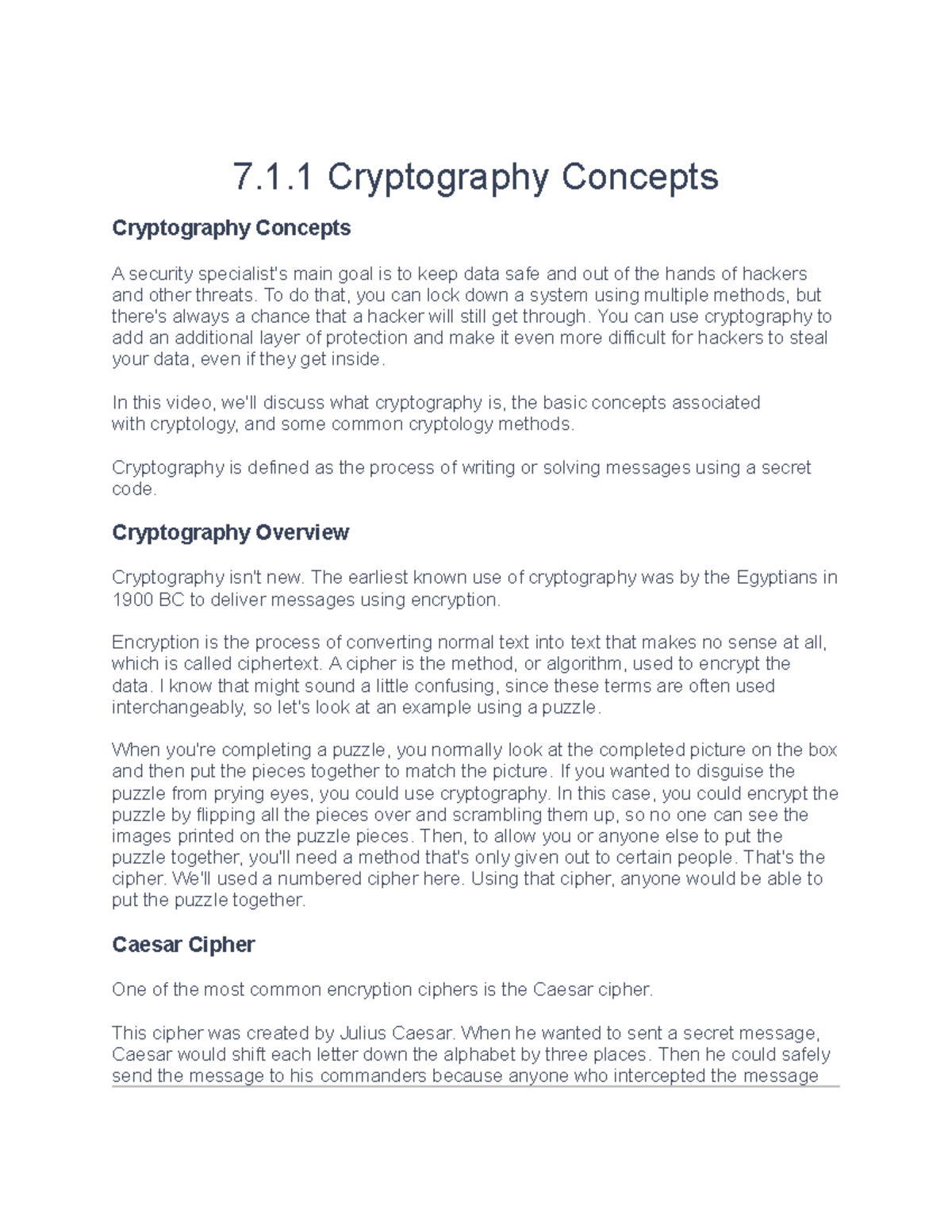 7.1.1 Cryptography Concepts - 7.1 Cryptography Concepts Cryptography ...